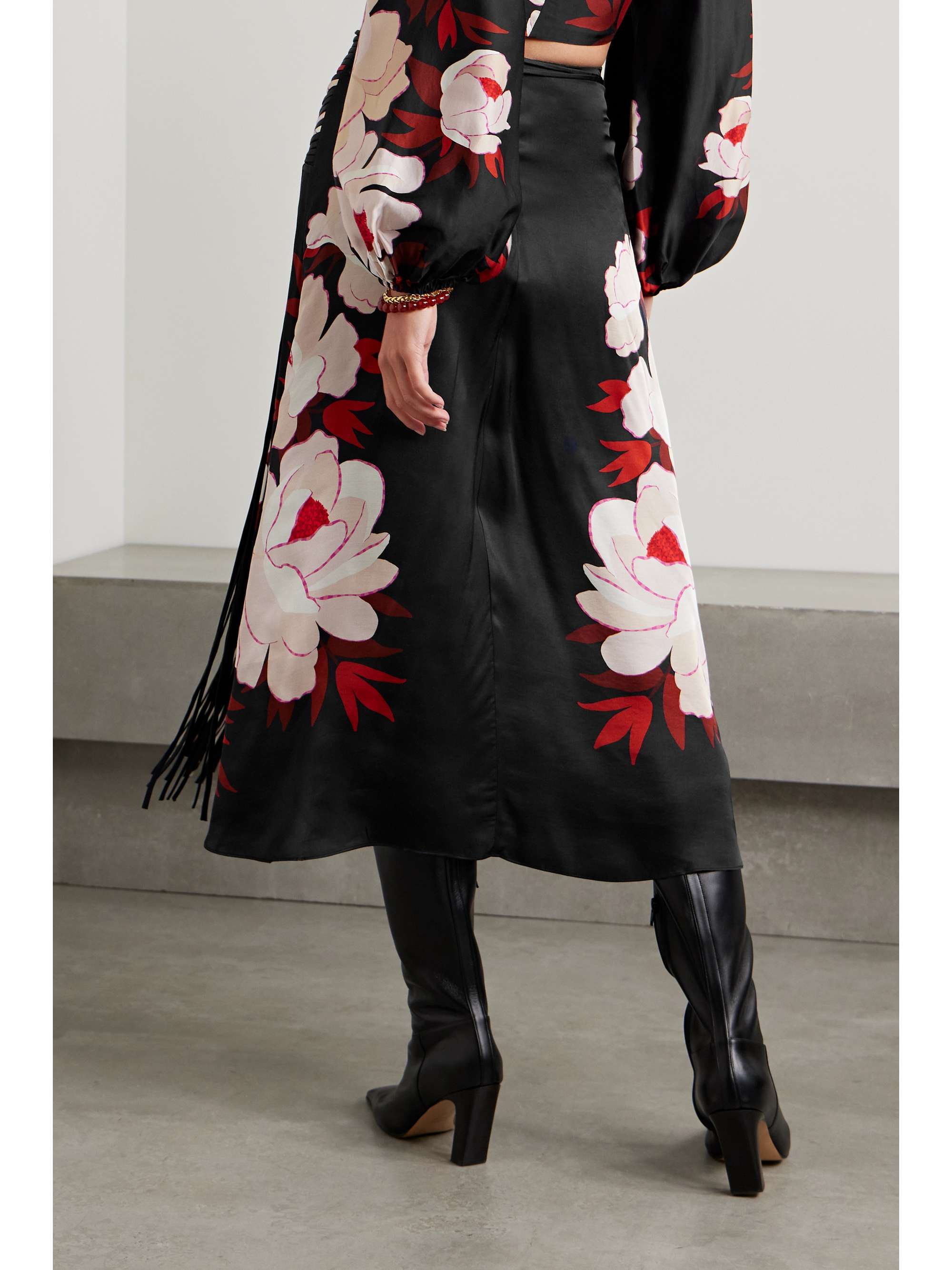 FARM RIO Fringed floral-print satin midi skirt | NET-A-PORTER