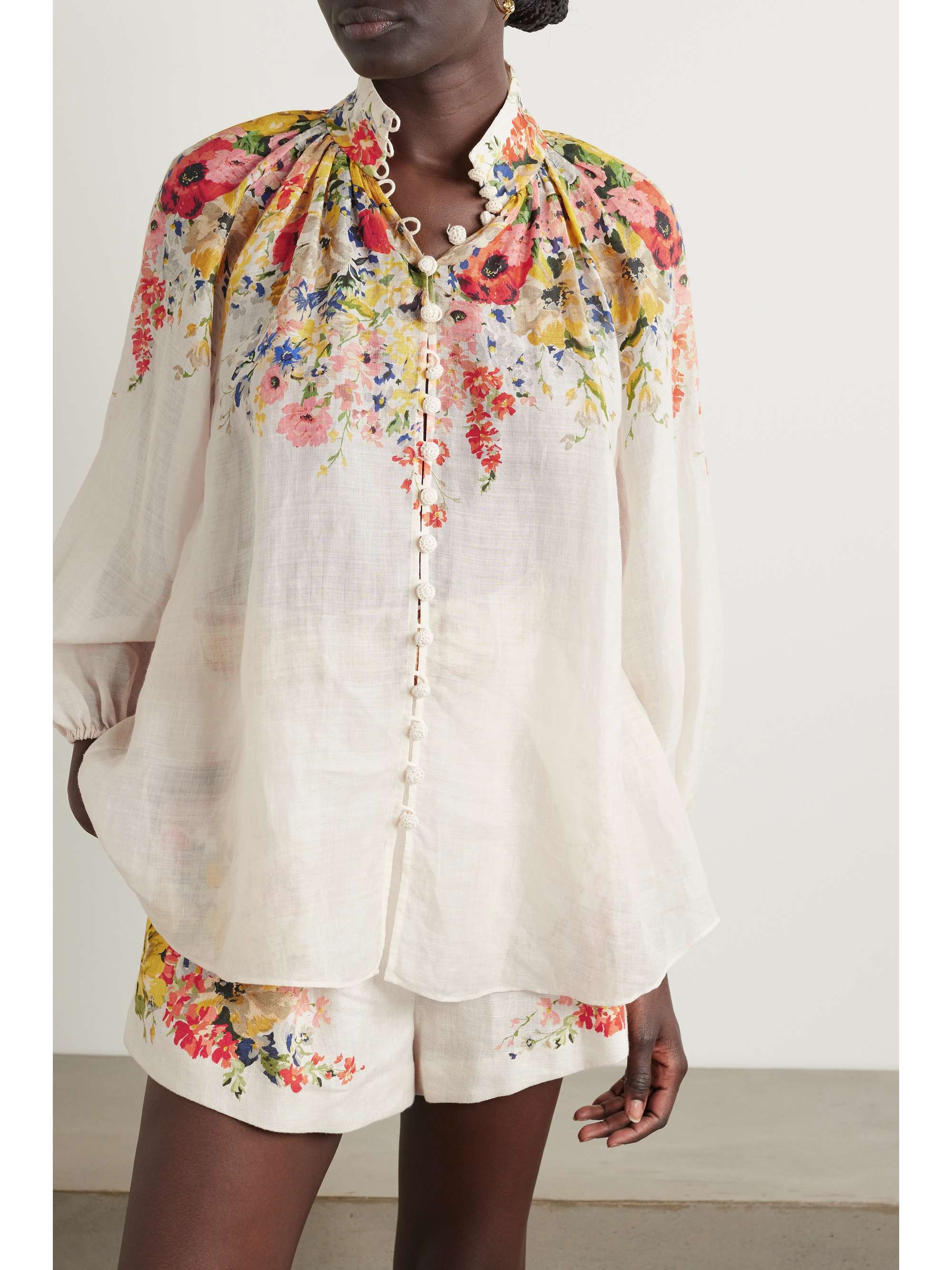 Zimmermann Alight Gathered Floral Print Ramie Blouse Net A Porter