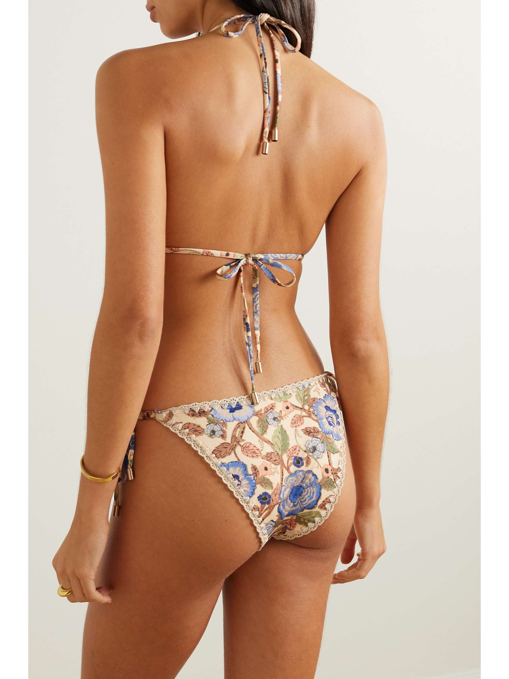 Zimmermann Junie Metallic Crochet Trimmed Floral Print Triangle Bikini