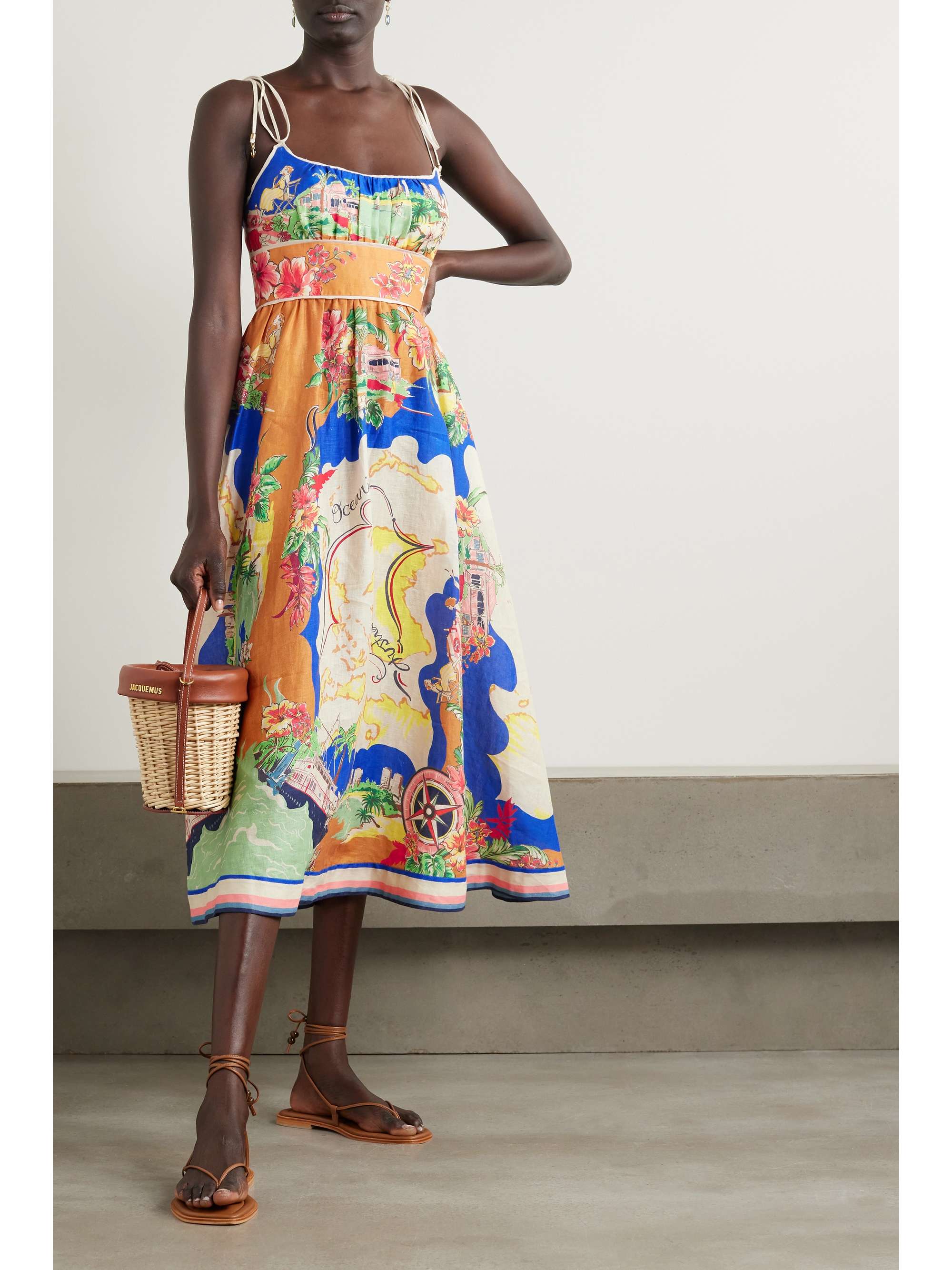 ZIMMERMANN + NET SUSTAIN Alight gathered printed linen midi dress | NET ...