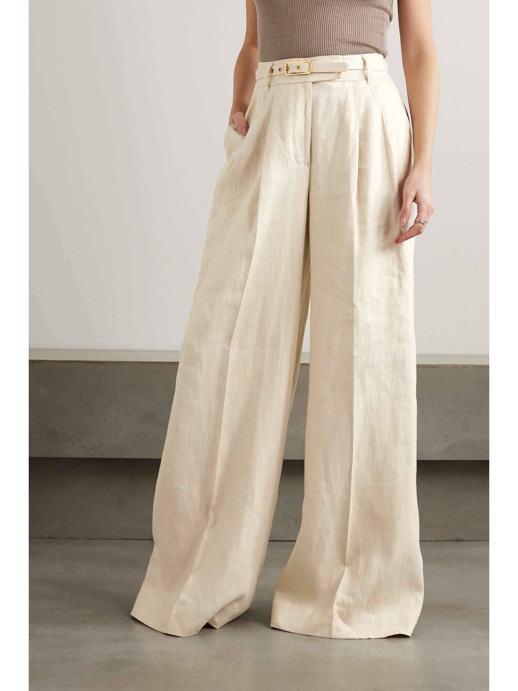 ZIMMERMANN Matchmaker belted whipstitched linen wide-leg pants | NET-A ...