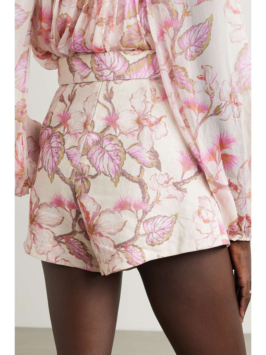 ZIMMERMANN Matchmaker belted pleated floral-print linen shorts | NET-A ...