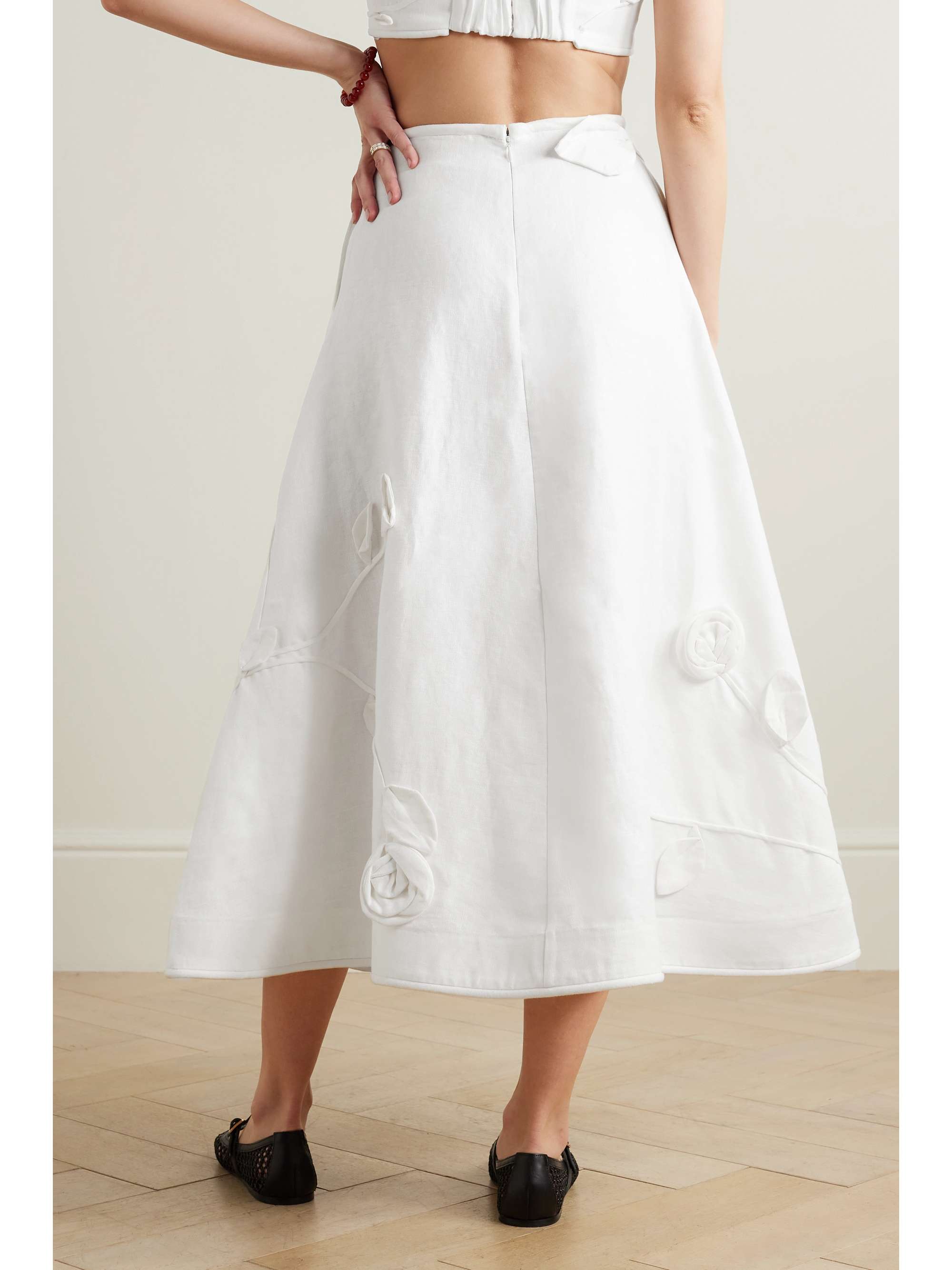 ZIMMERMANN Matchmaker Rose Flare appliquéd linen midi skirt | NET-A-PORTER