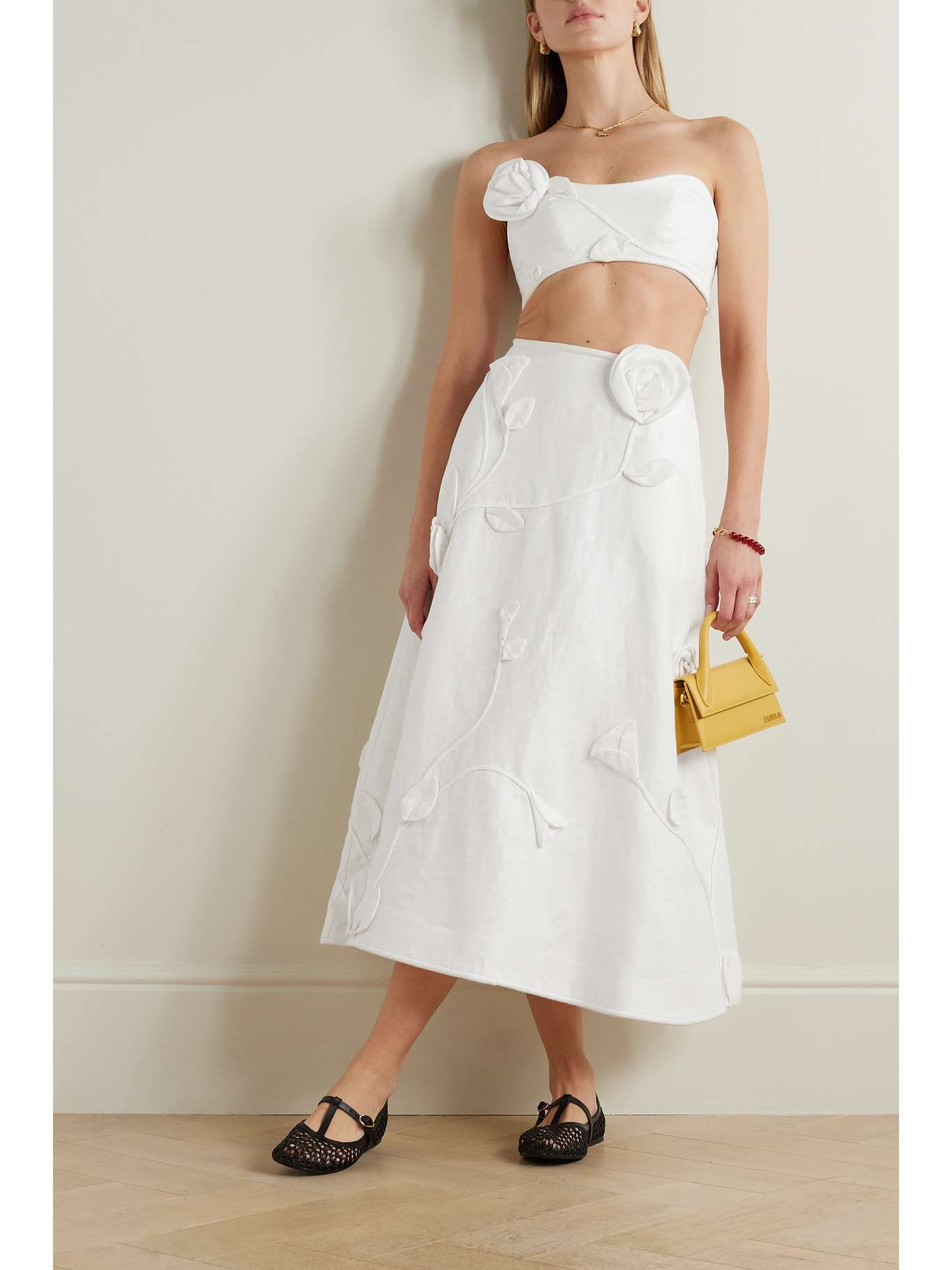 ZIMMERMANN Matchmaker Rose Flare appliquéd linen midi skirt | NET-A-PORTER
