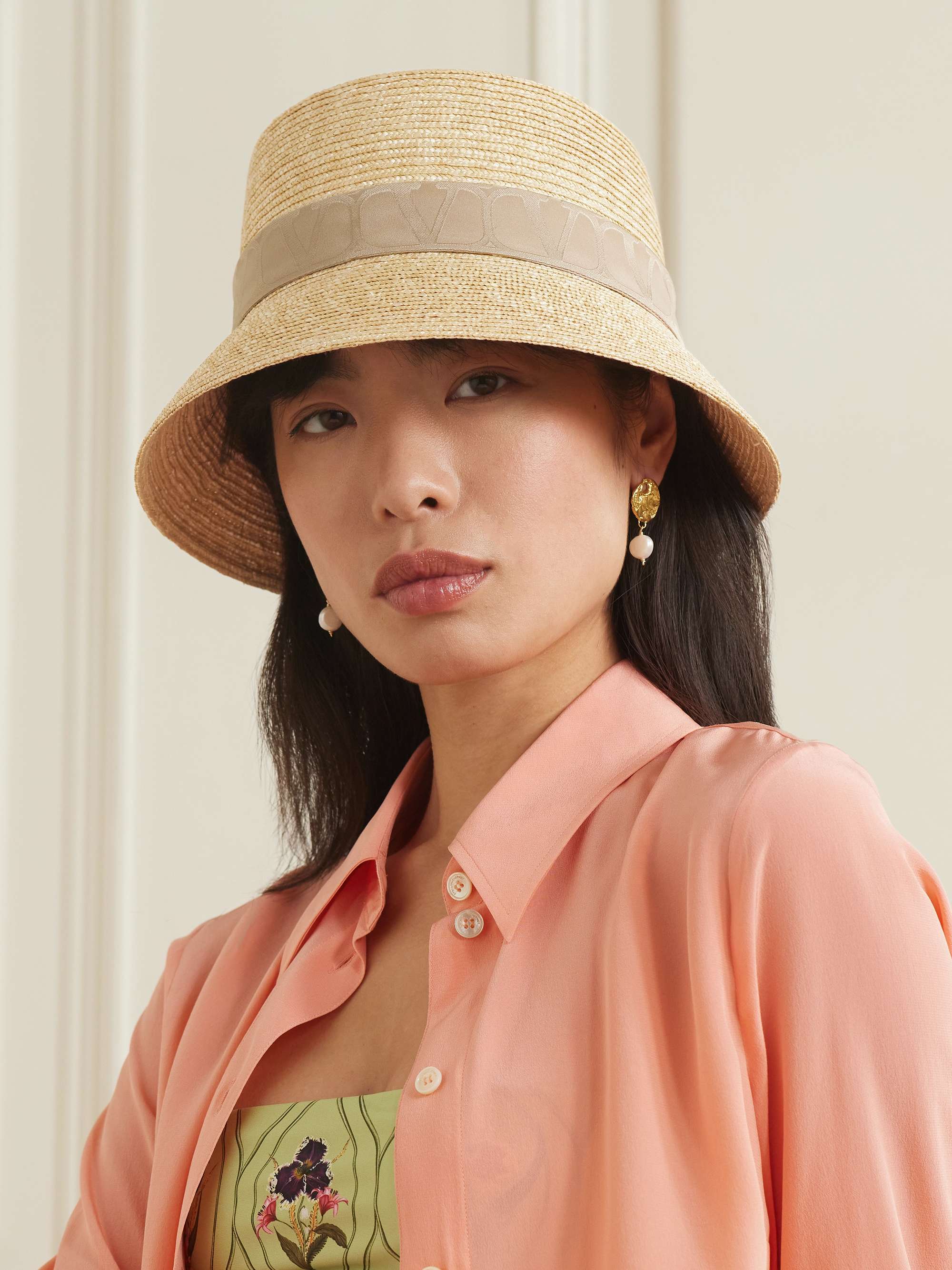 VALENTINO GARAVANI Silk jacquard-trimmed straw bucket hat | NET-A-PORTER