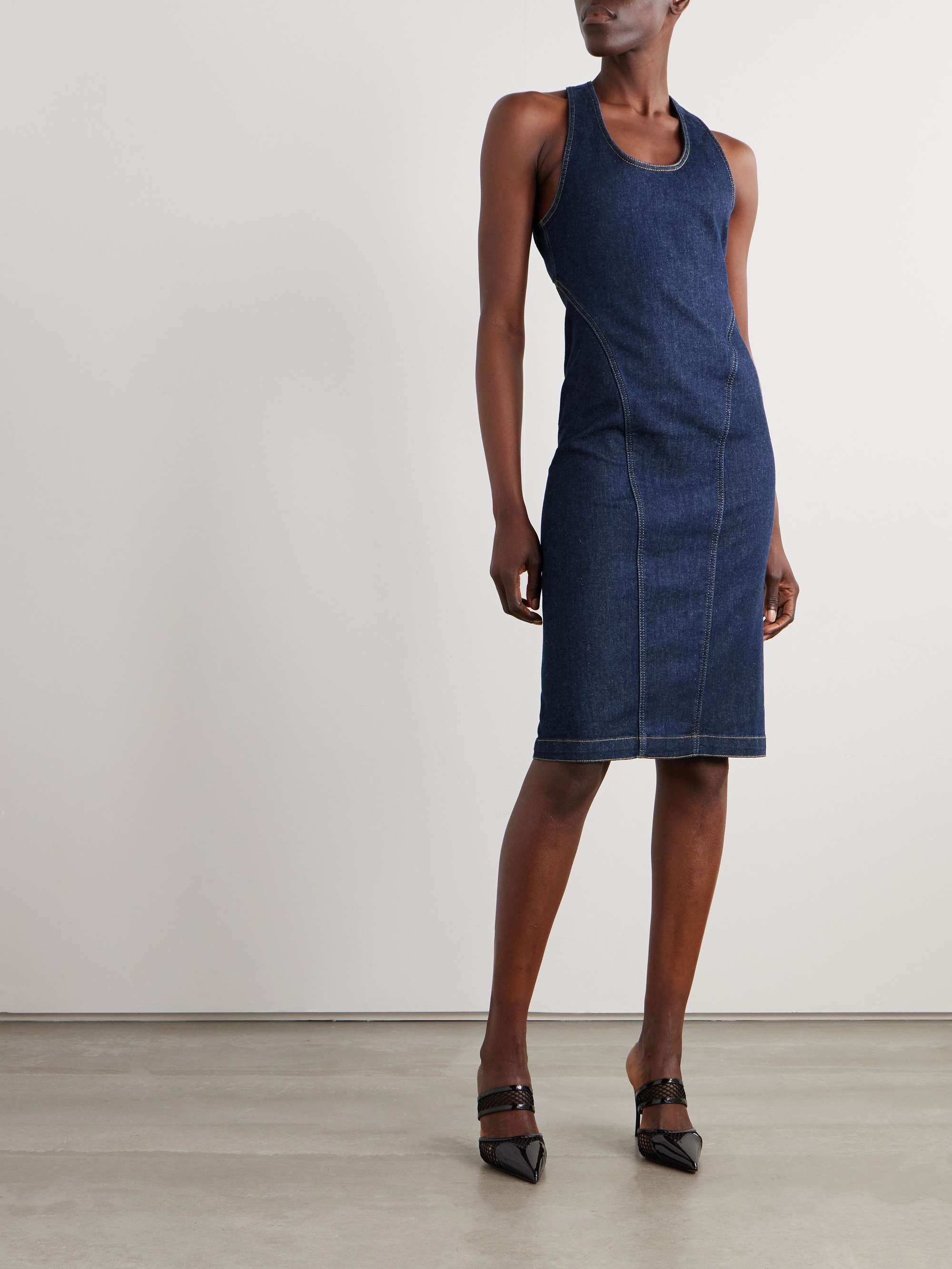 ALAÏA Paneled denim midi dress | NET-A-PORTER