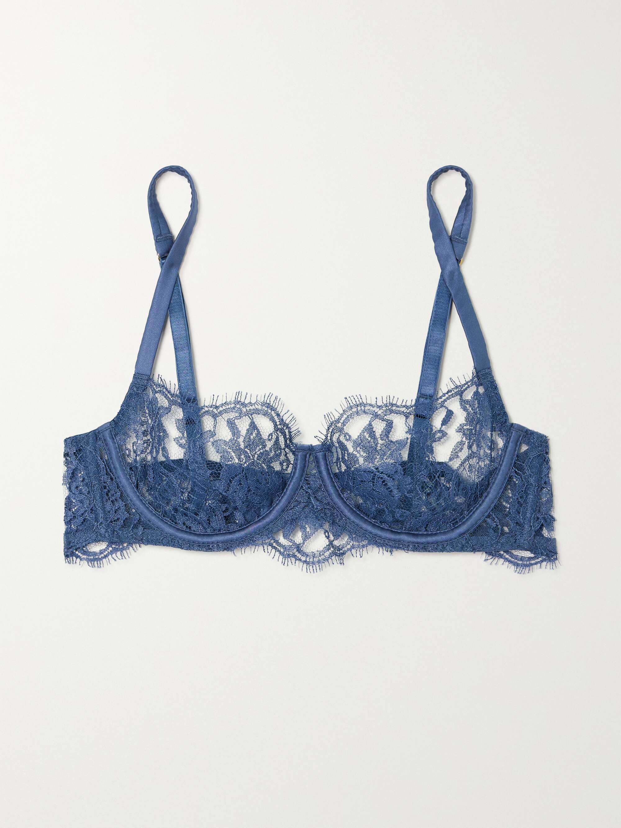 COCO DE MER Hera satin-trimmed Leavers lace underwired balconette bra ...