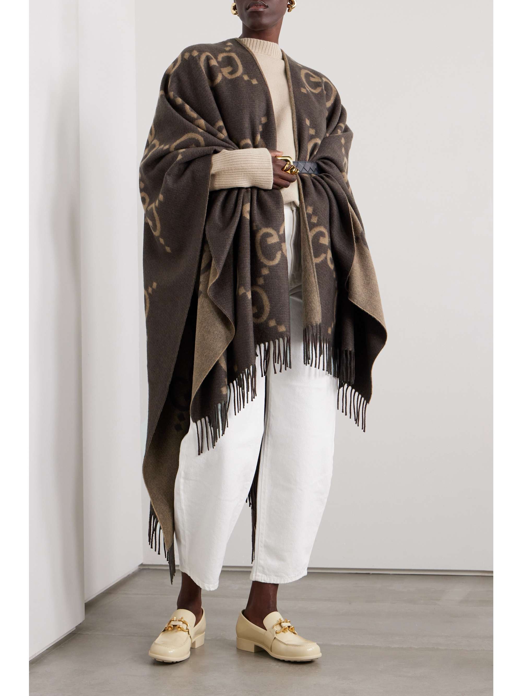 GUCCI Reversible fringed jacquard-knit cashmere wrap | NET-A-PORTER