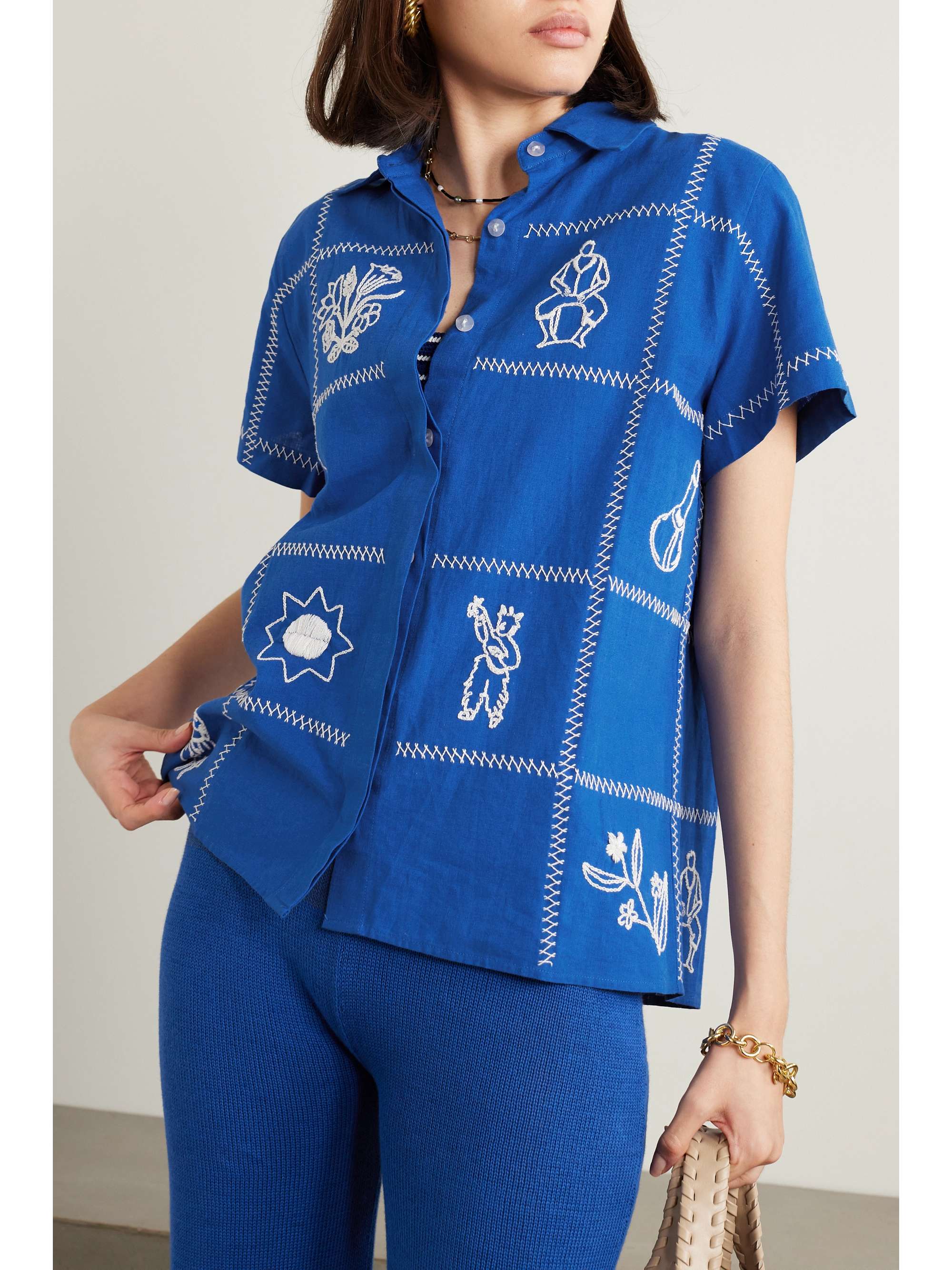 ESCVDO + NET SUSTAIN Carmen embroidered cotton and linen-blend shirt ...