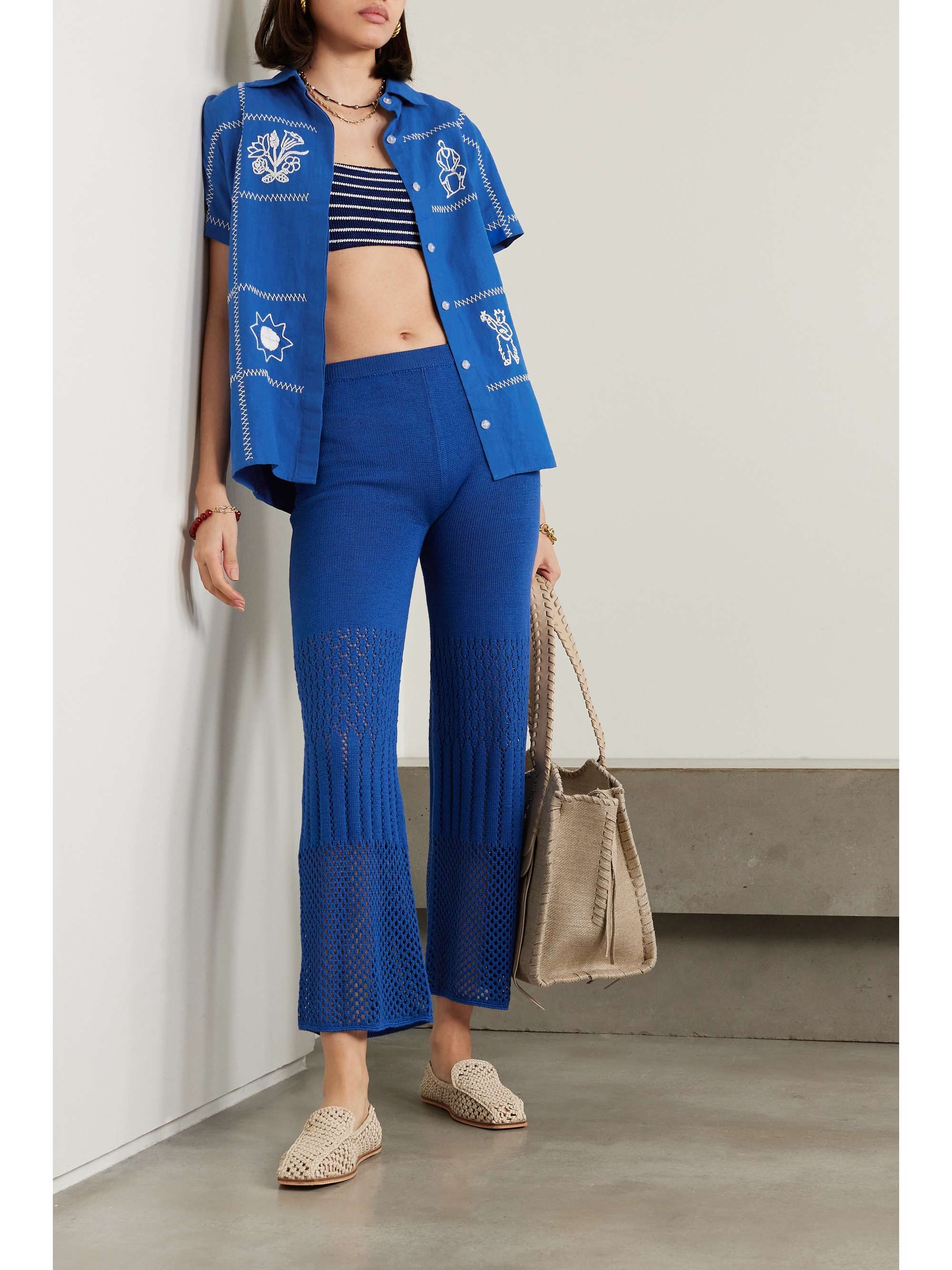 ESCVDO + NET SUSTAIN Carmen embroidered cotton and linen-blend shirt ...