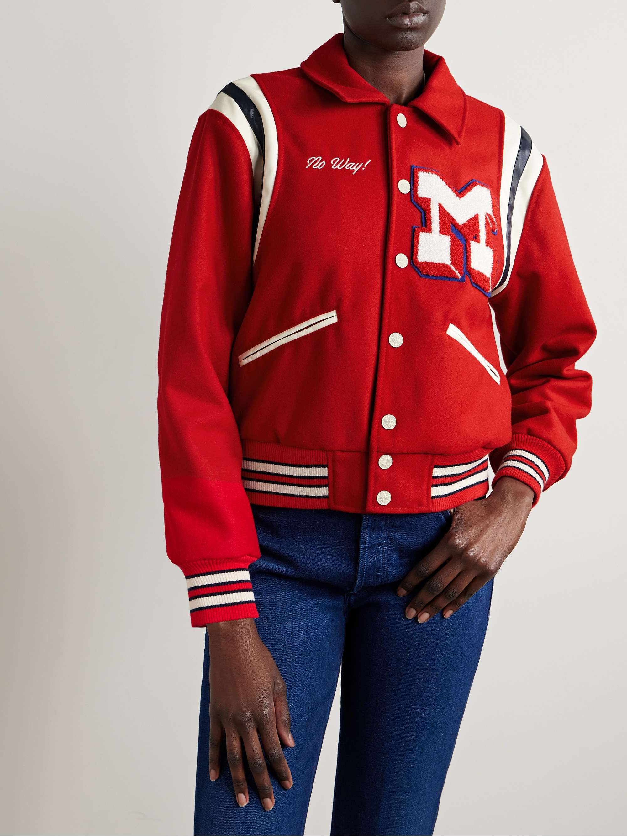 MOTHER The Team Spirit appliquéd faux leather-trimmed wool-blend bomber ...