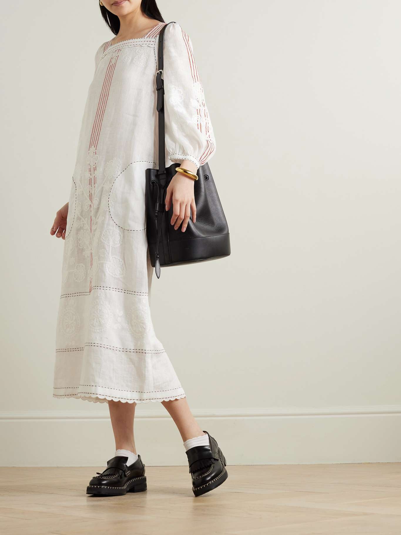 VITA KIN Ulya scalloped embroidered linen midi dress | NET-A-PORTER