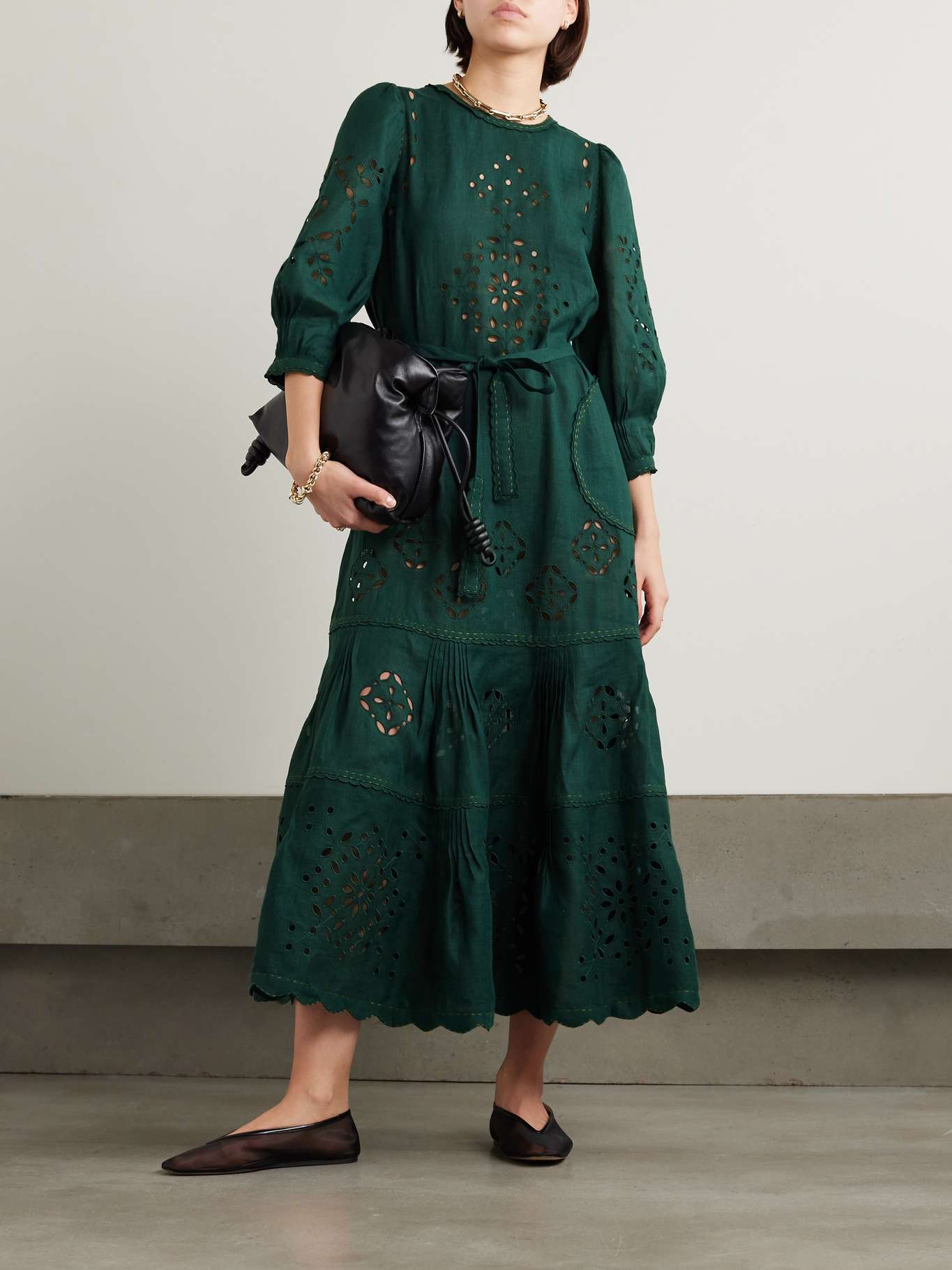 VITA KIN Karry tiered embroidered broderie anglaise linen midi dress ...