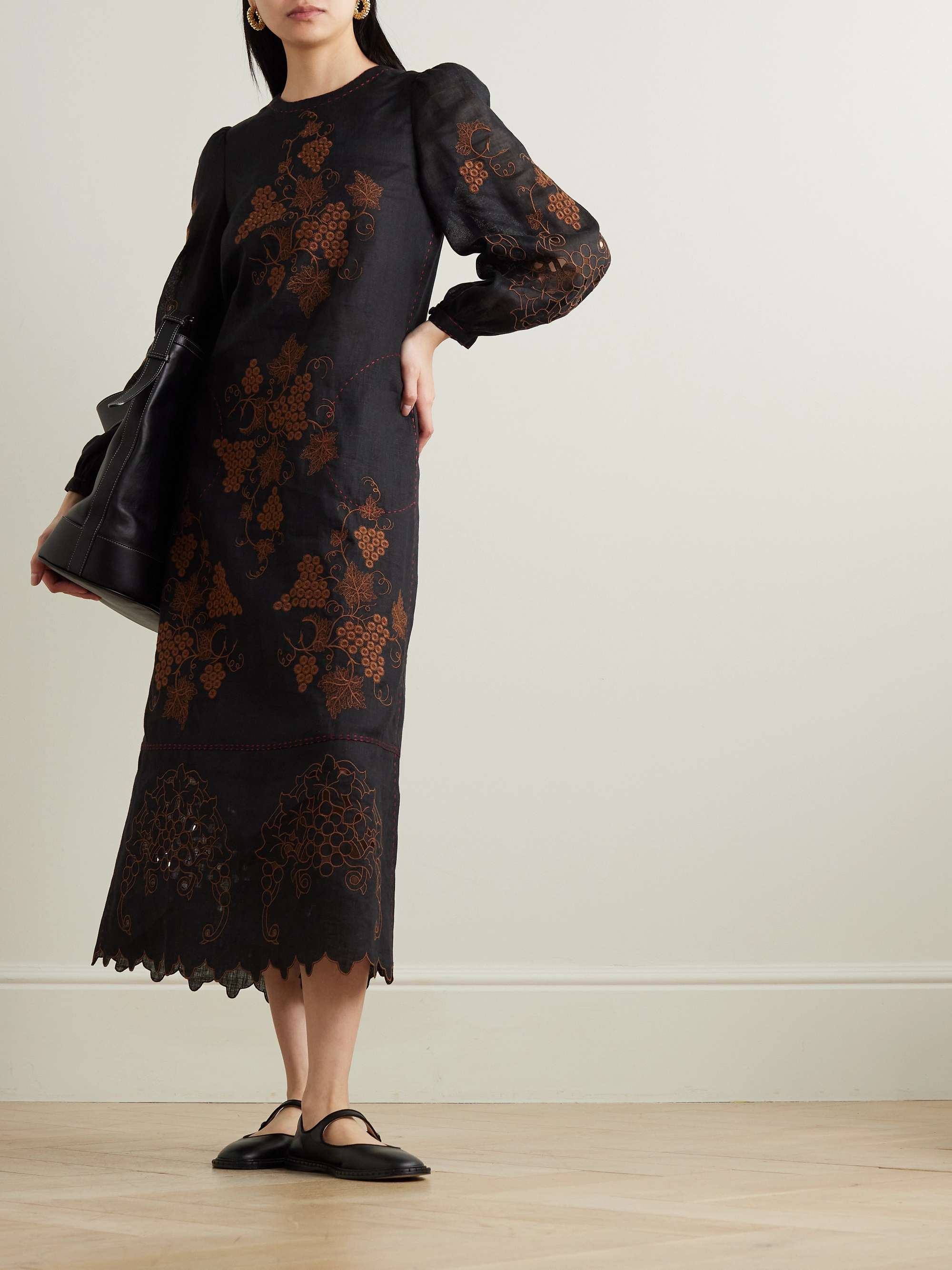 VITA KIN Ophelia scalloped embroidered linen midi dress | NET-A-PORTER