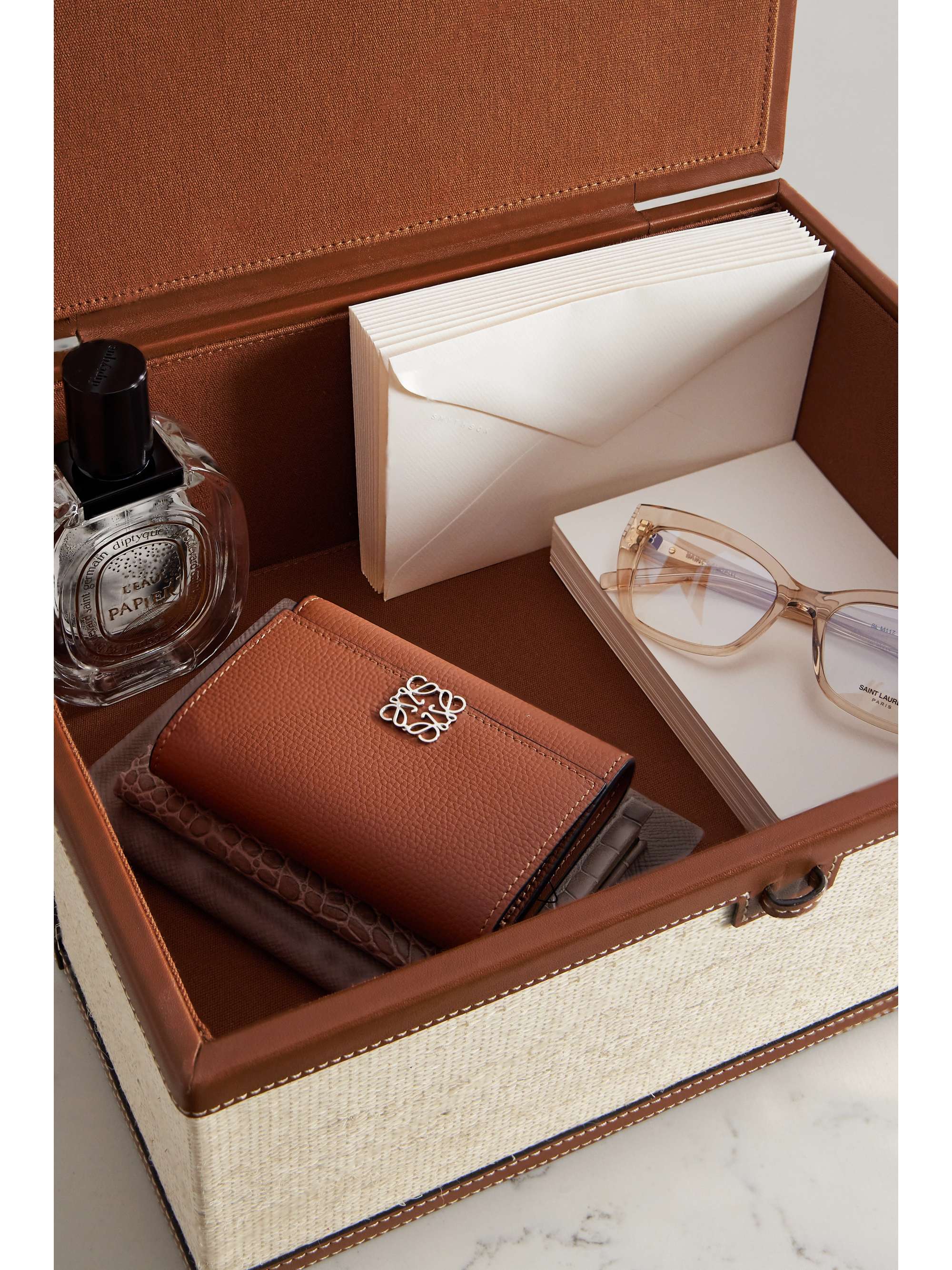 HUNTING SEASON Leather-trimmed raffia trunk box | NET-A-PORTER