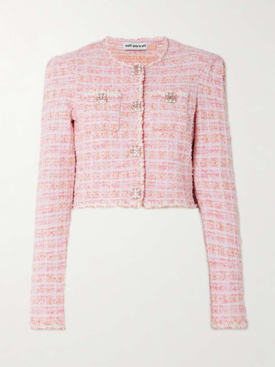 SELF-PORTRAIT Embellished checked bouclé-knit cardigan | NET-A-PORTER