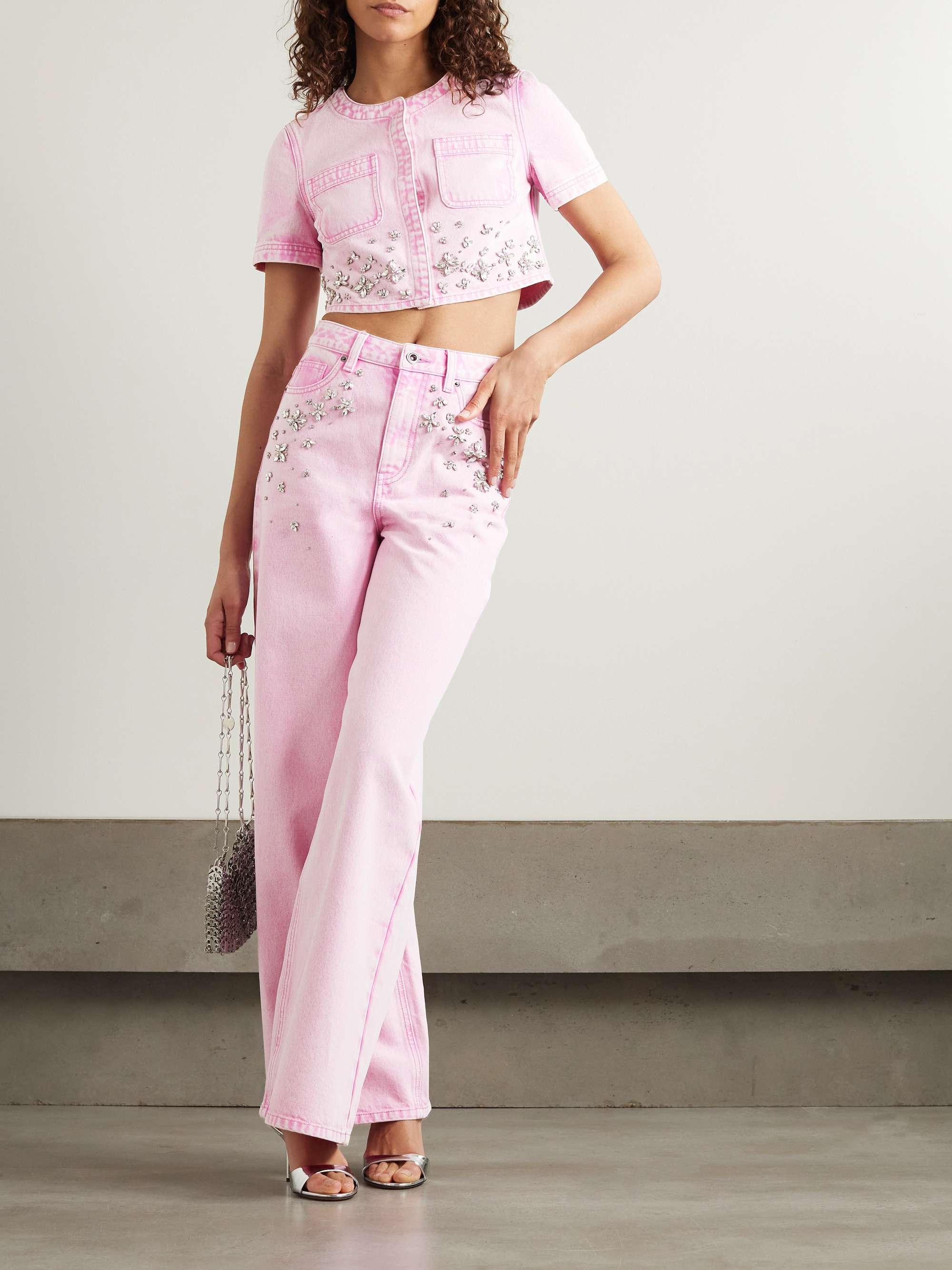 SELF-PORTRAIT Cropped crystal-embellished denim jacket | NET-A-PORTER