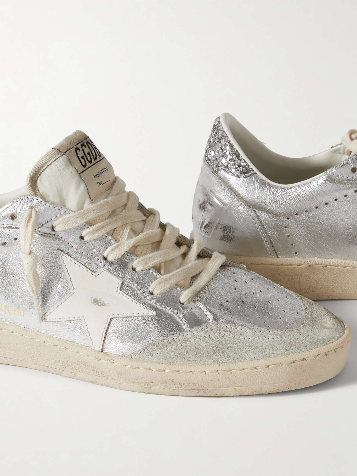 GOLDEN GOOSE Ballstar glittered distressed metallic leather sneakers ...
