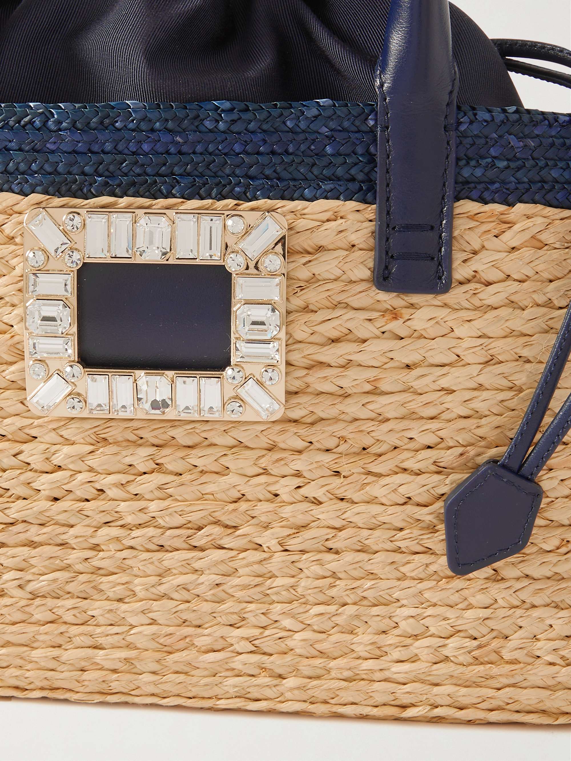 ROGER VIVIER Viv Skate crystal-embellished leather-trimmed raffia tote ...