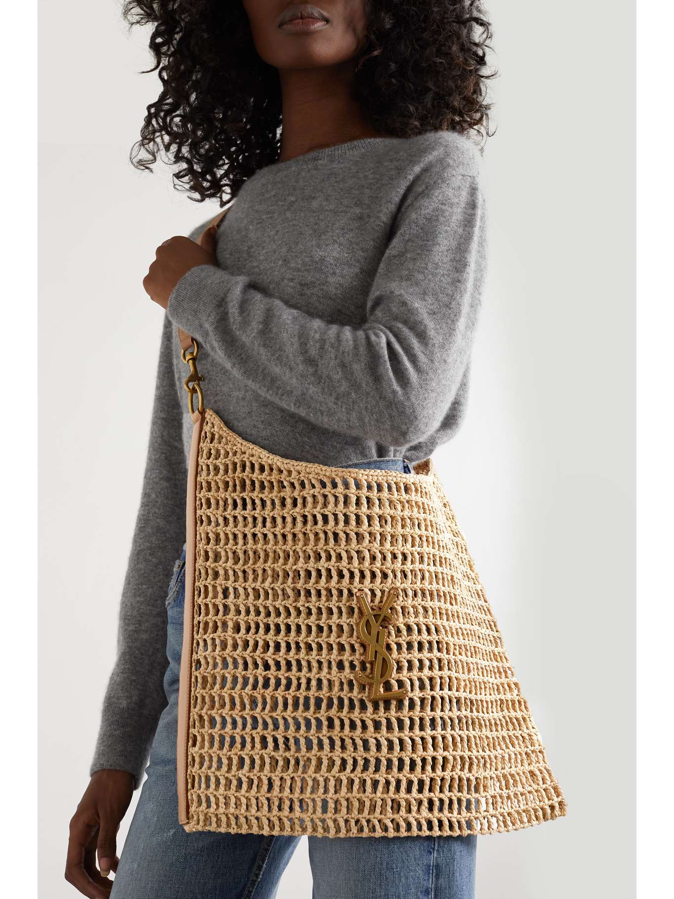 SAINT LAURENT Oxalis leather-trimmed raffia shoulder bag | NET-A-PORTER