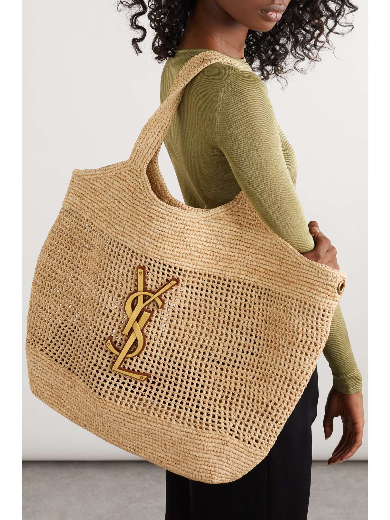SAINT LAURENT Icare maxi embellished leather-trimmed raffia tote | NET ...