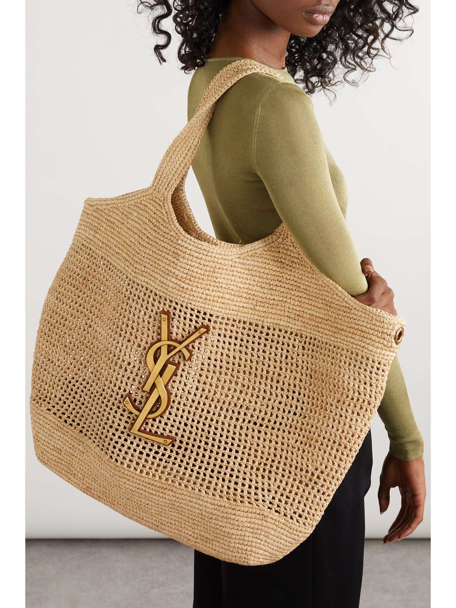 SAINT LAURENT Icare maxi embellished leather-trimmed raffia tote | NET ...