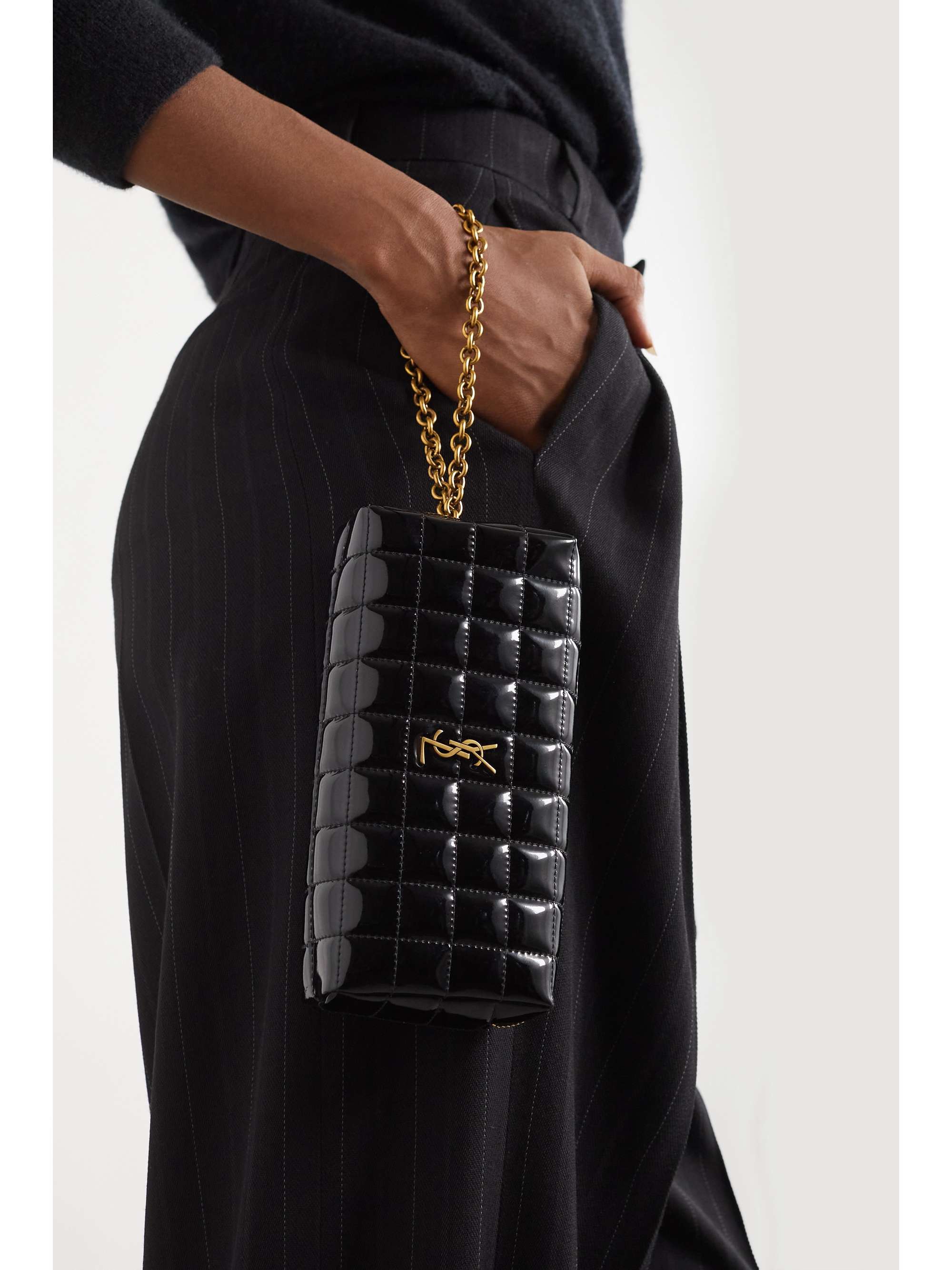 SAINT LAURENT Cassandre Carré matelassé patent faux-leather pouch | NET ...