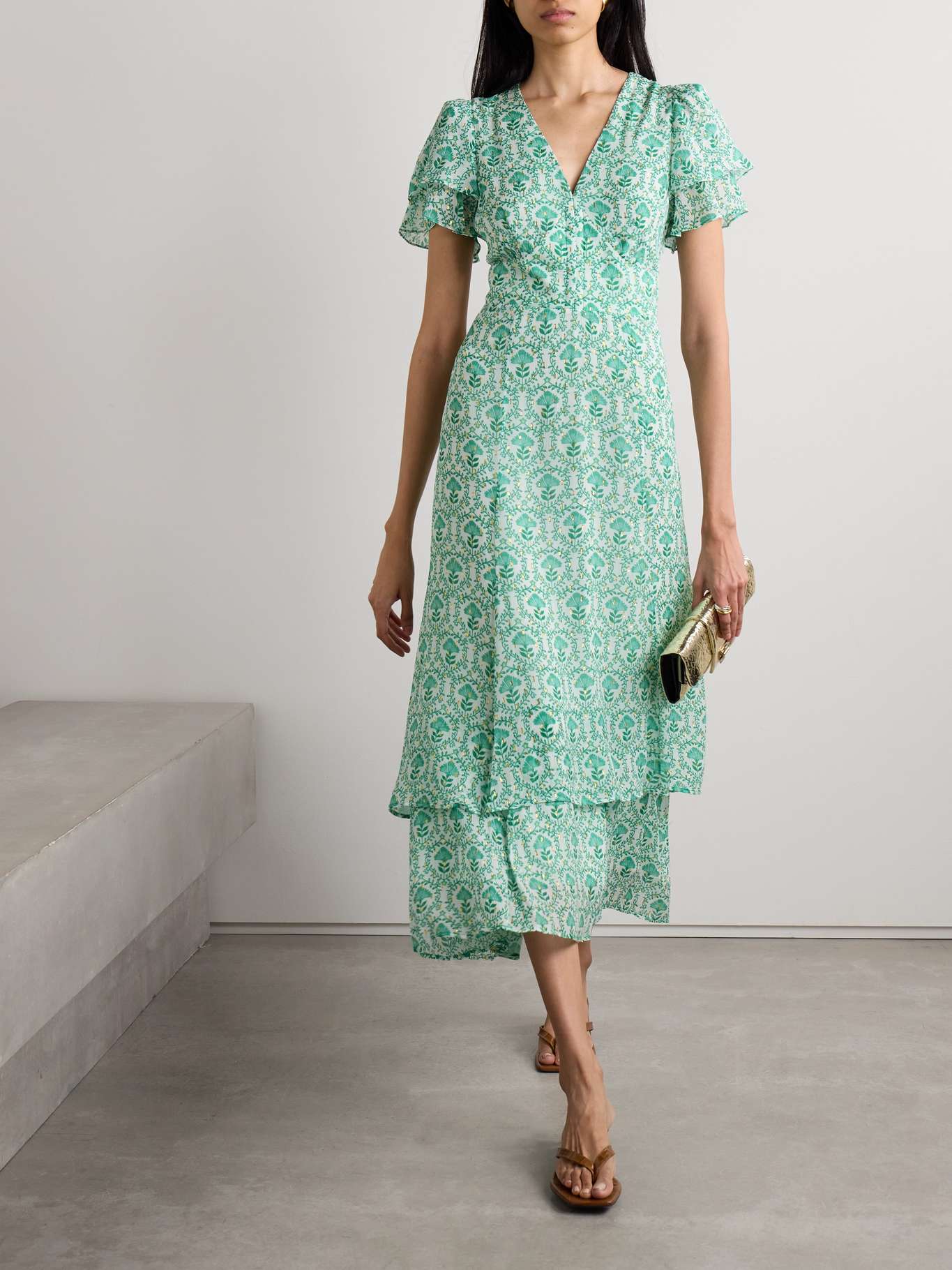 CEFINN Lotta ruffled metallic floral-print fil coupé crepon maxi dress ...