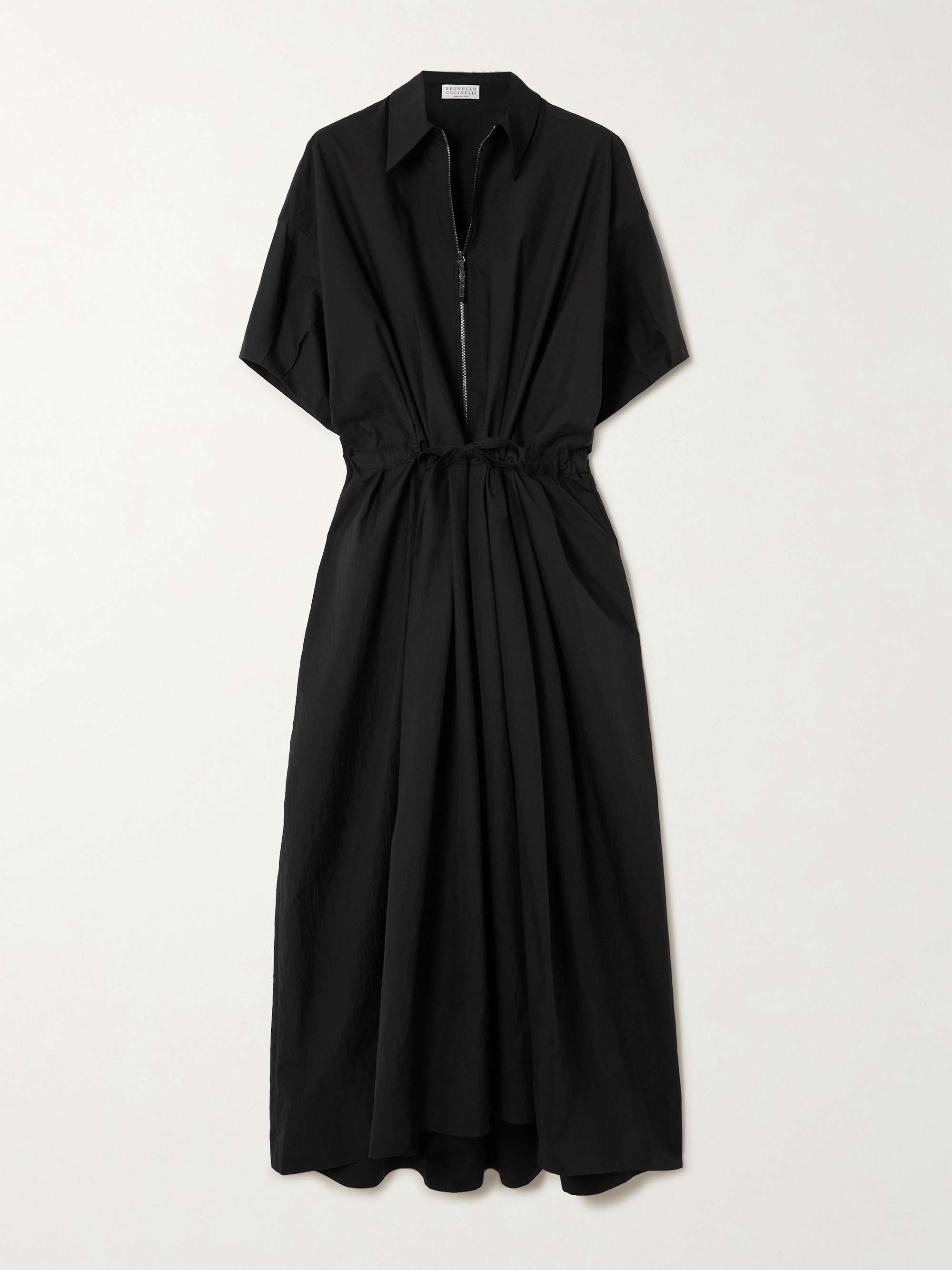 Brunello Cucinelli Belted Bead Embellished Cotton Blend Poplin Midi