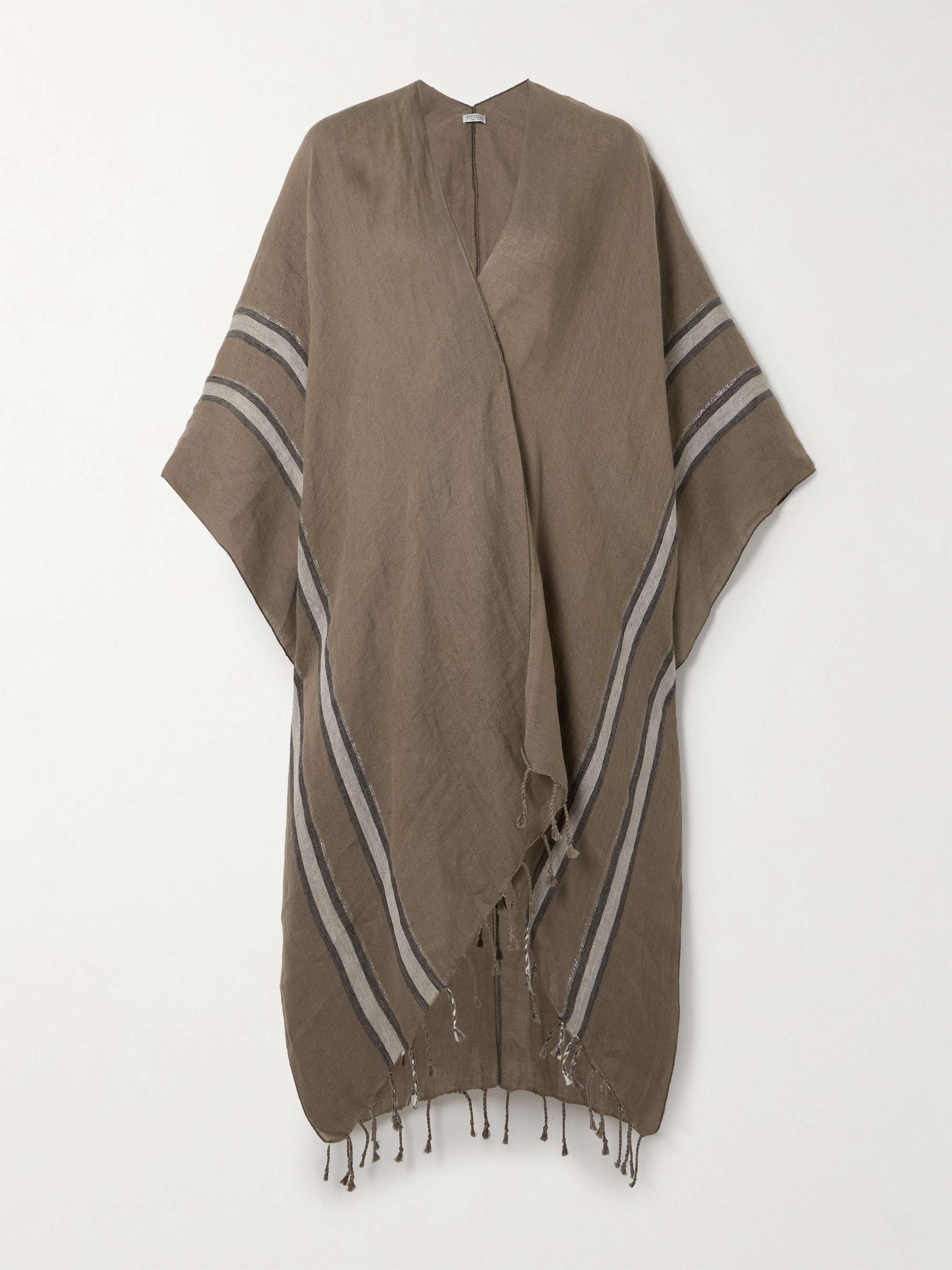 BRUNELLO CUCINELLI Striped fringed linen cape | NET-A-PORTER