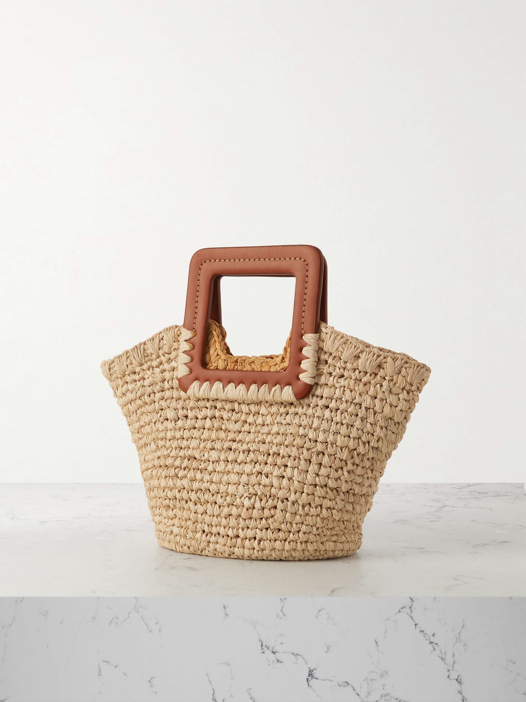 STAUD Sienna mini leather-trimmed raffia tote | NET-A-PORTER