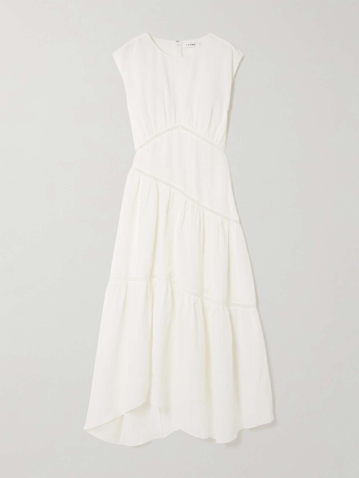 FRAME Asymmetric paneled lace-trimmed linen-blend midi dress | NET-A-PORTER