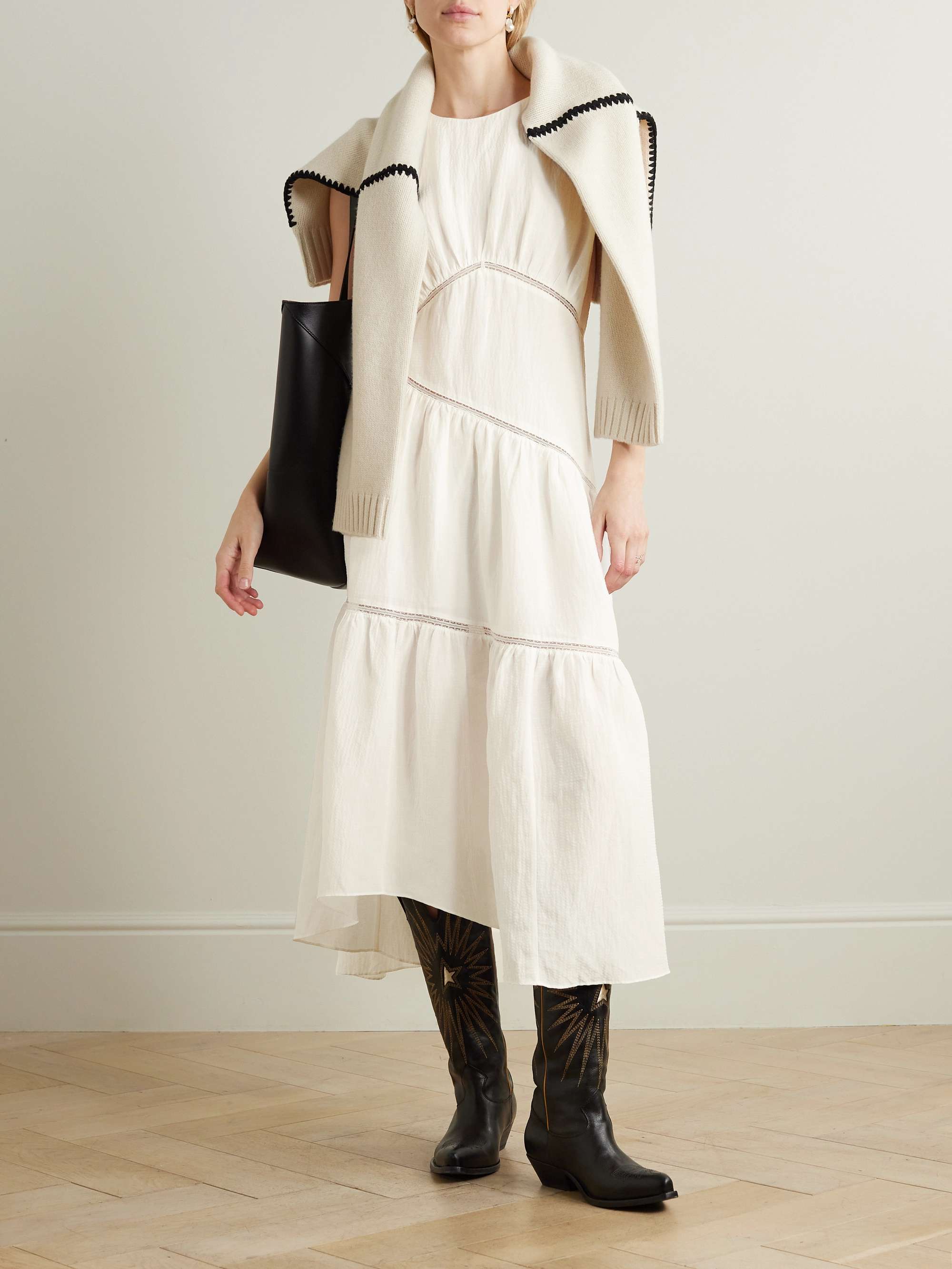 FRAME Asymmetric paneled lace-trimmed linen-blend midi dress | NET-A-PORTER