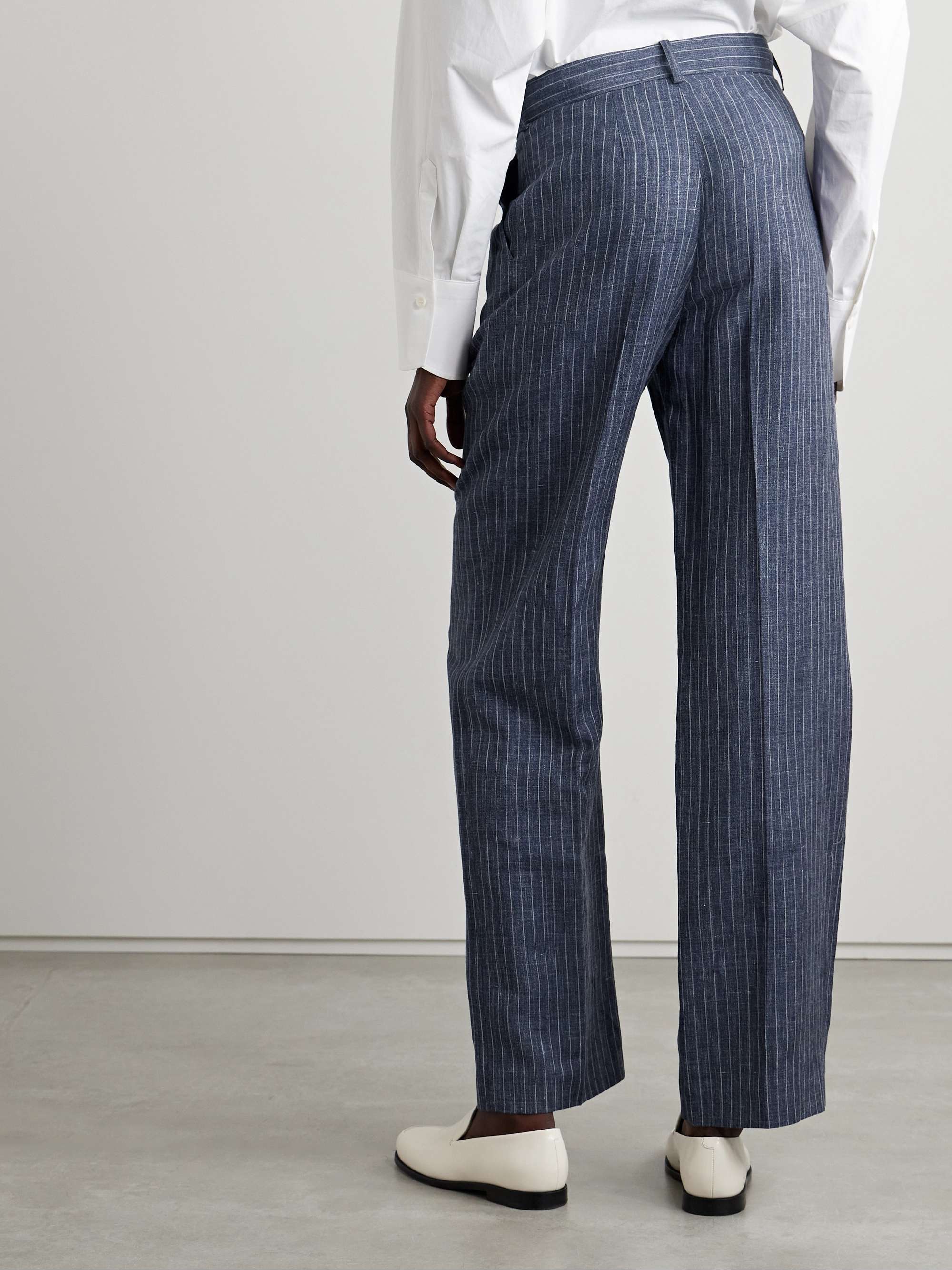 LORO PIANA Pleated striped linen-blend straight-leg pants | NET-A-PORTER