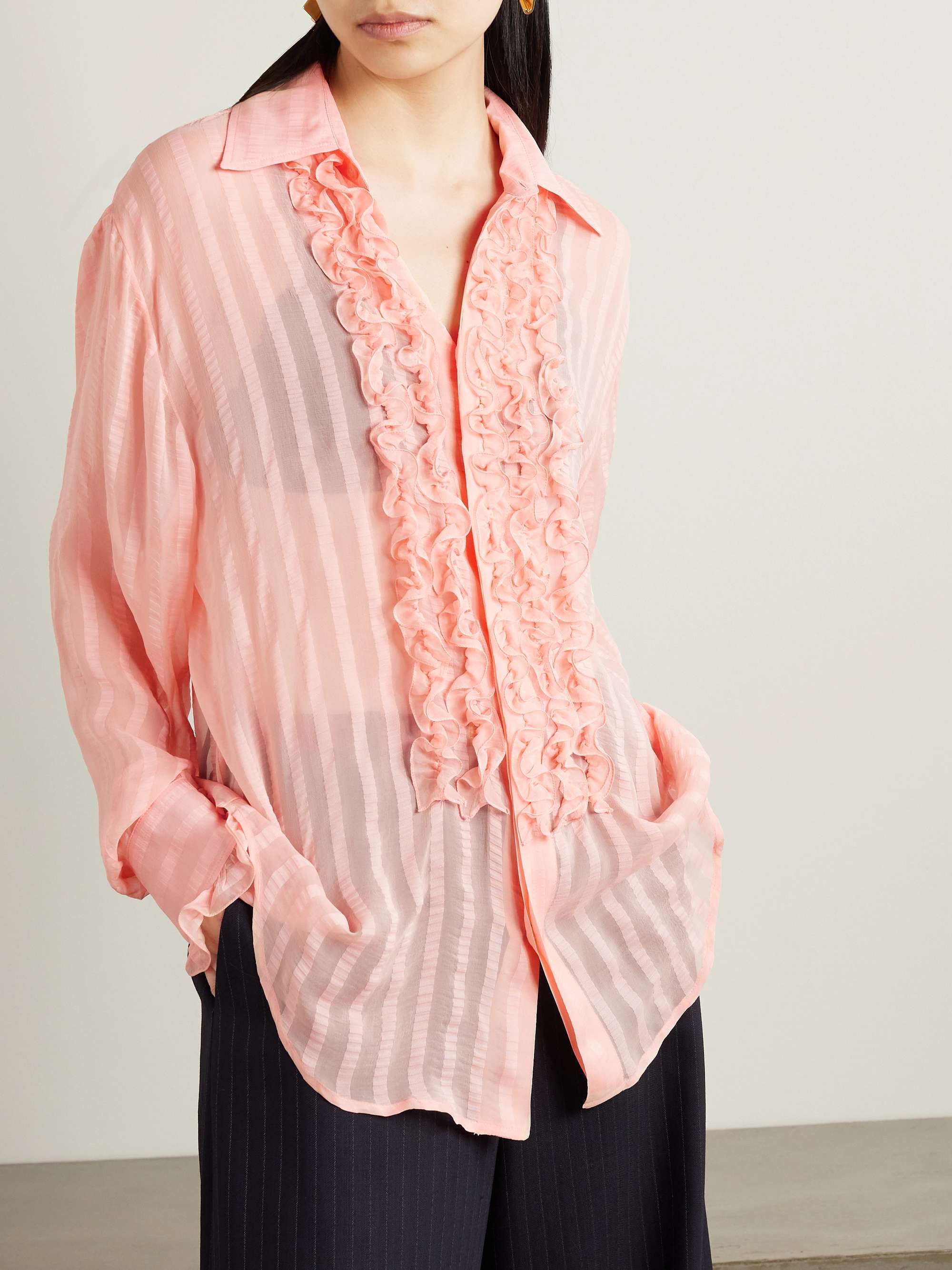 STELLA MCCARTNEY + NET SUSTAIN striped ruffled organic silk-blend crepe ...