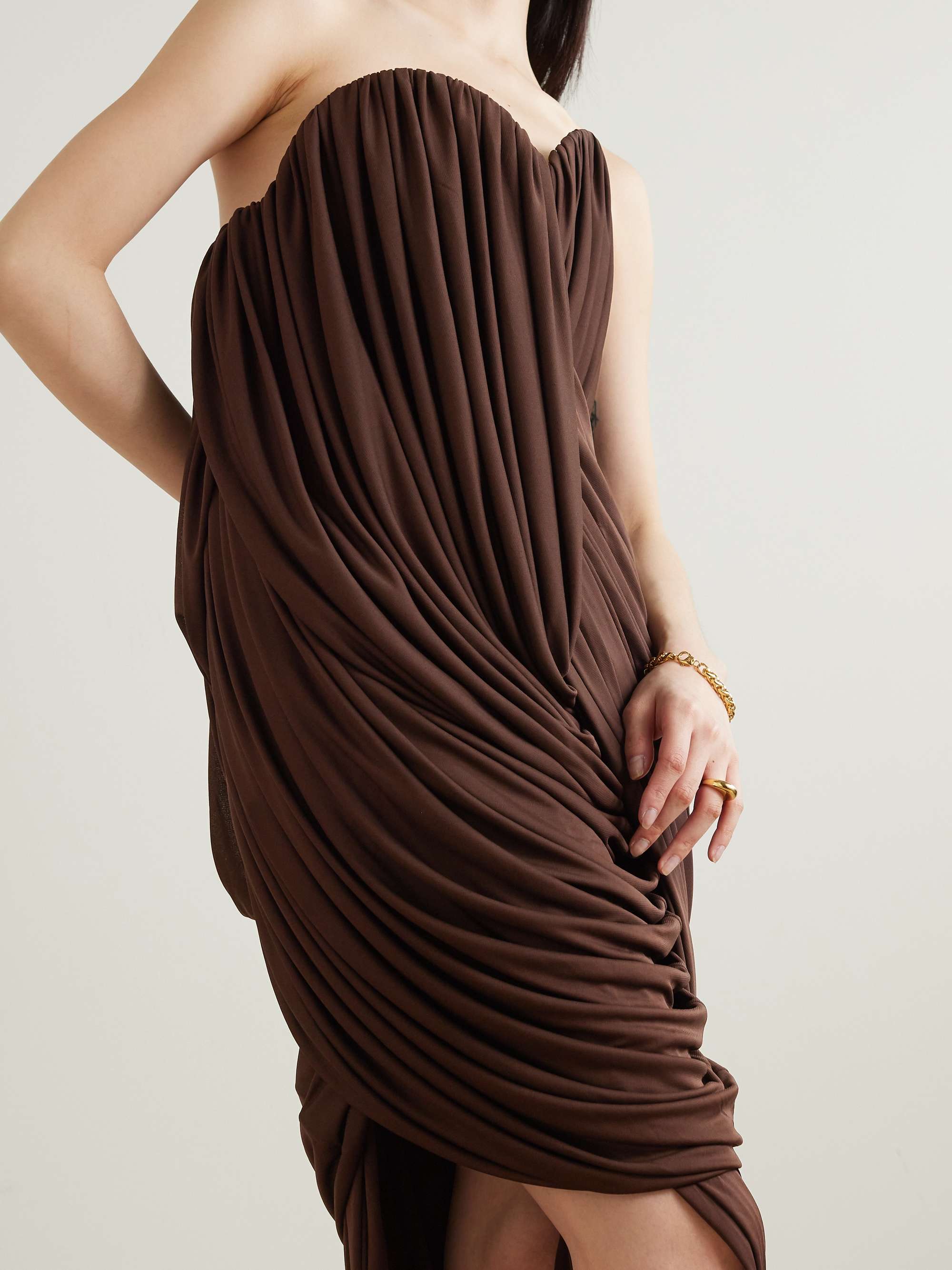 LOEWE Strapless draped gathered jersey midi dress | NET-A-PORTER