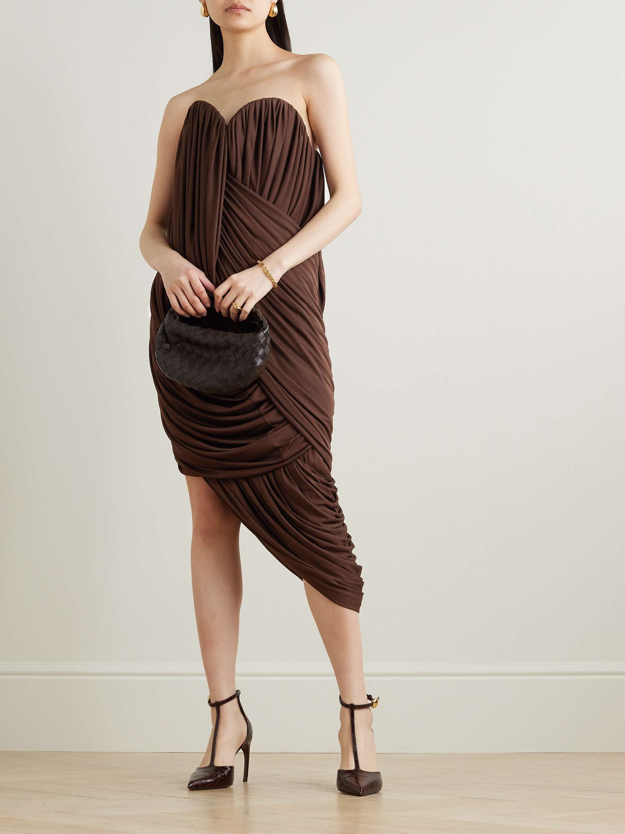 LOEWE Strapless draped gathered jersey midi dress | NET-A-PORTER