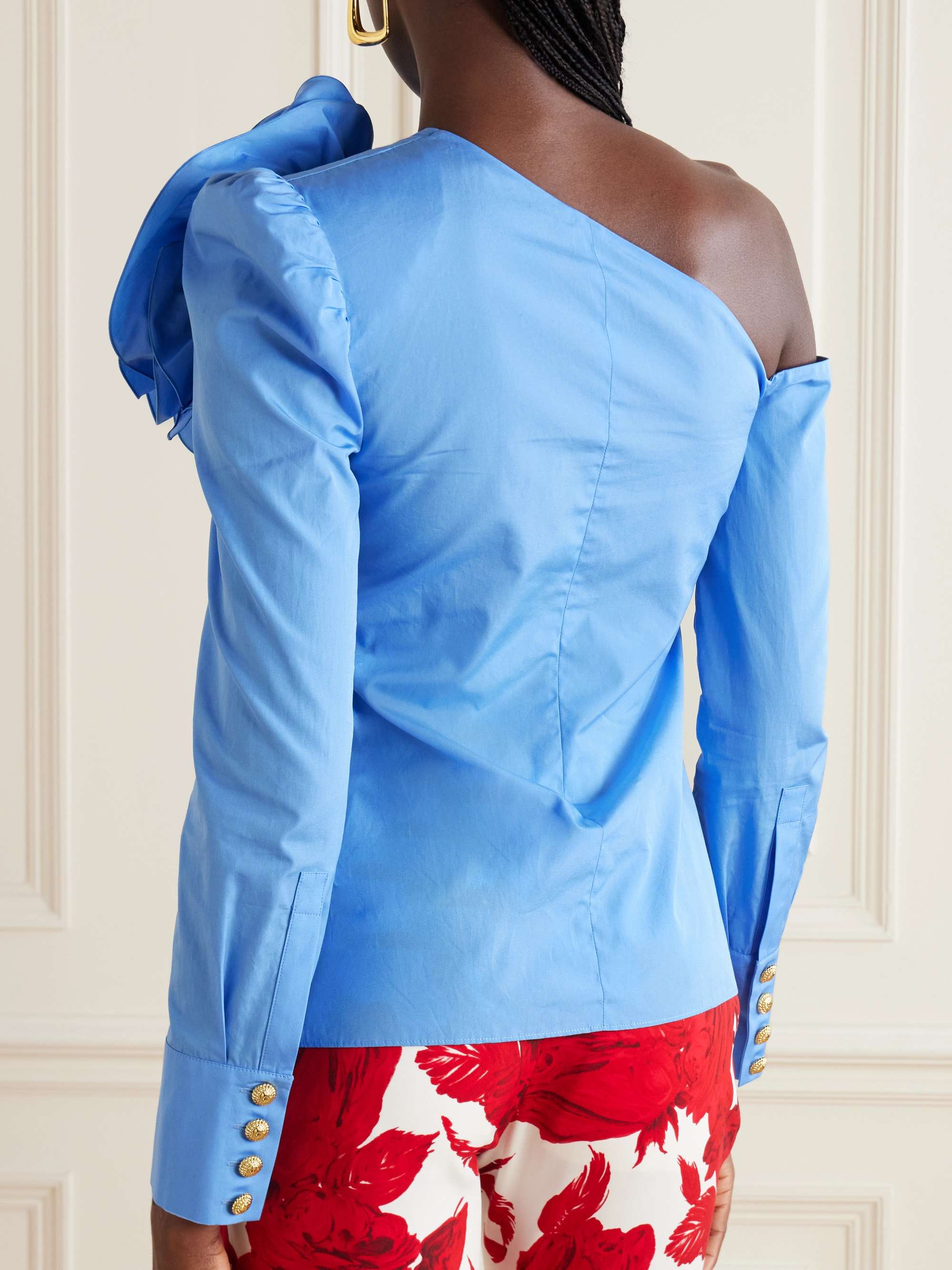 BALMAIN One-shoulder appliquéd cotton-poplin blouse | NET-A-PORTER