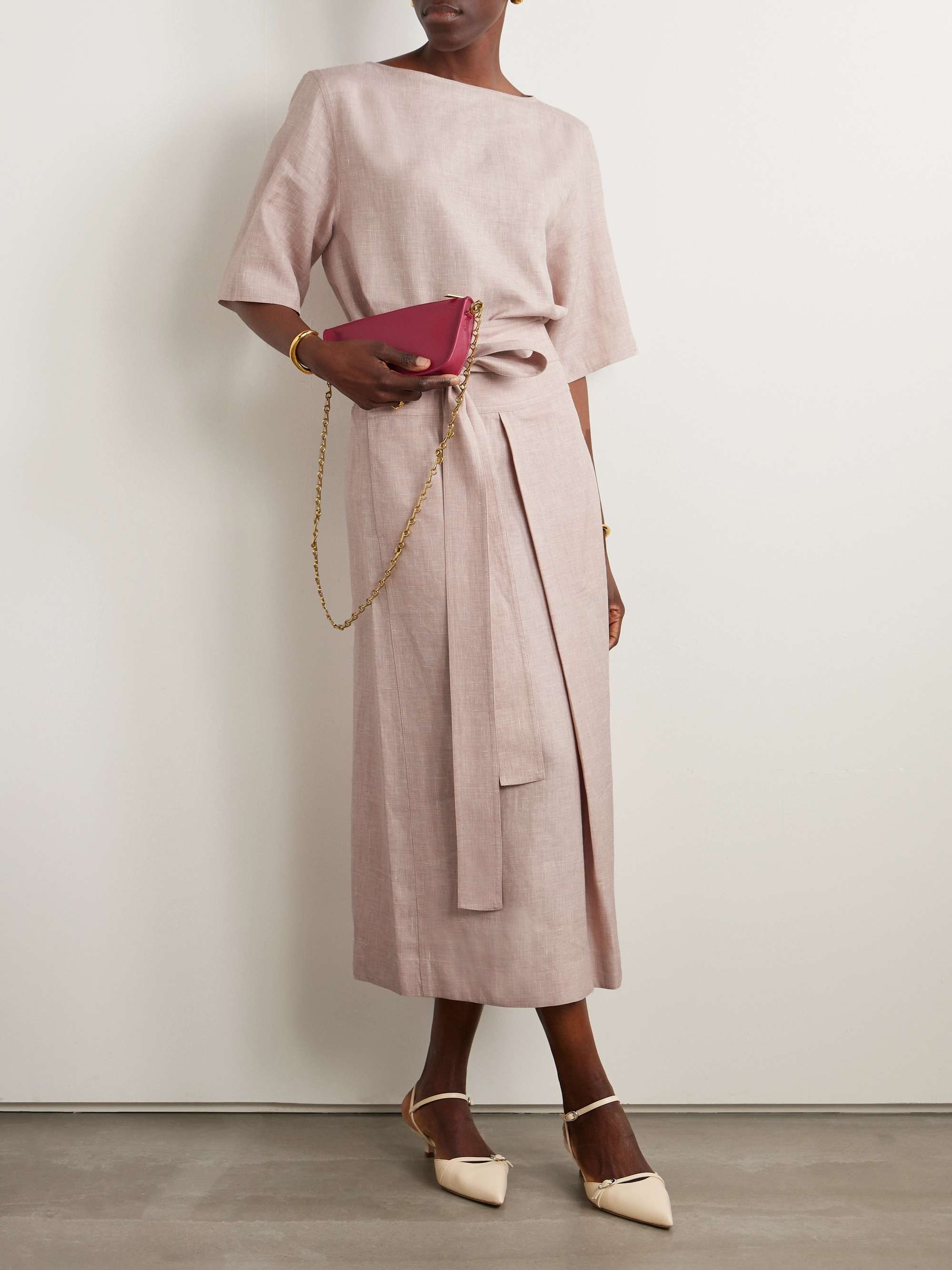 LORO PIANA Belted linen, wool and silk-blend midi skirt | NET-A-PORTER
