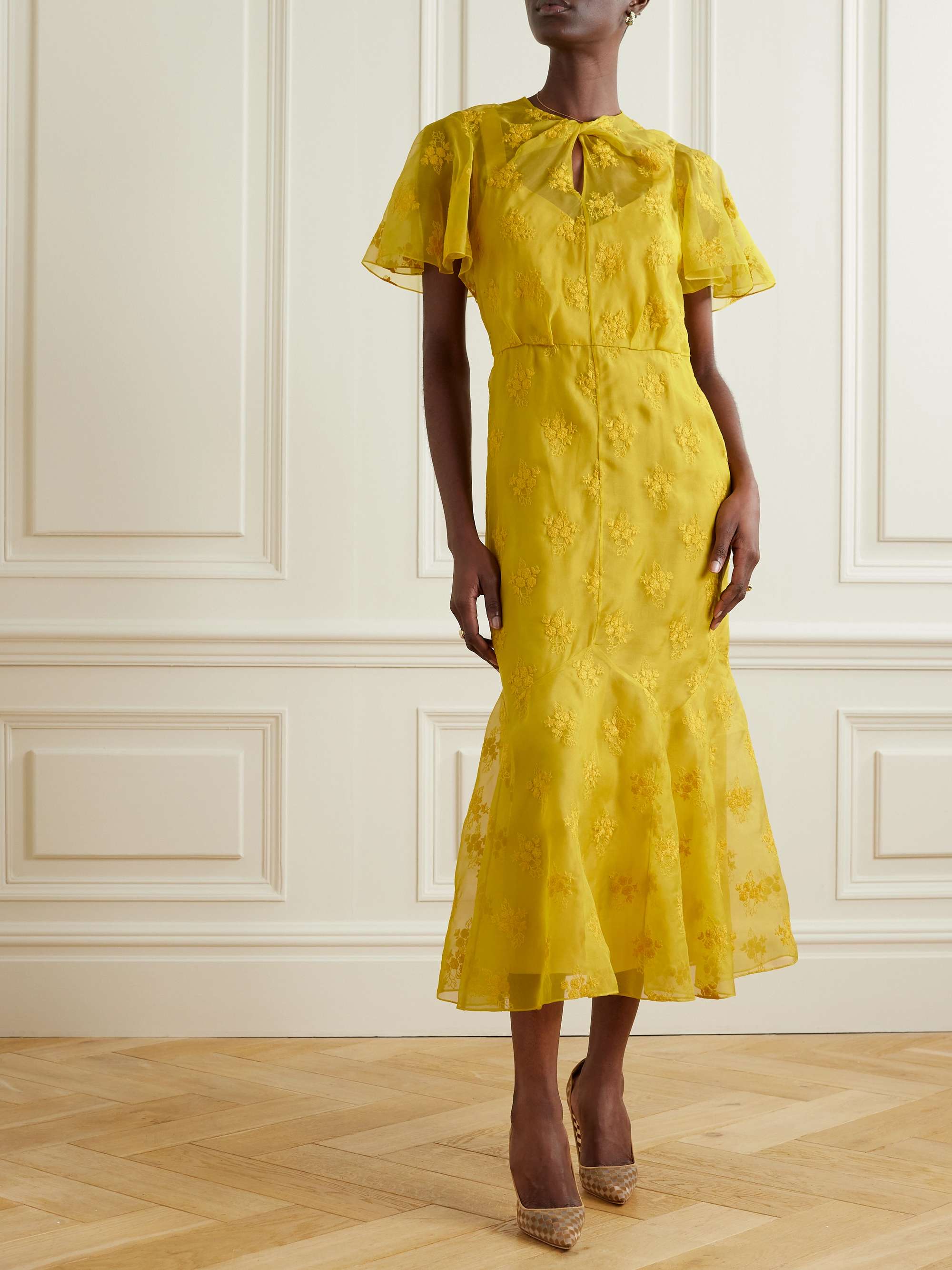 ERDEM Twist-front paneled embroidered silk-organza midi dress | NET-A ...