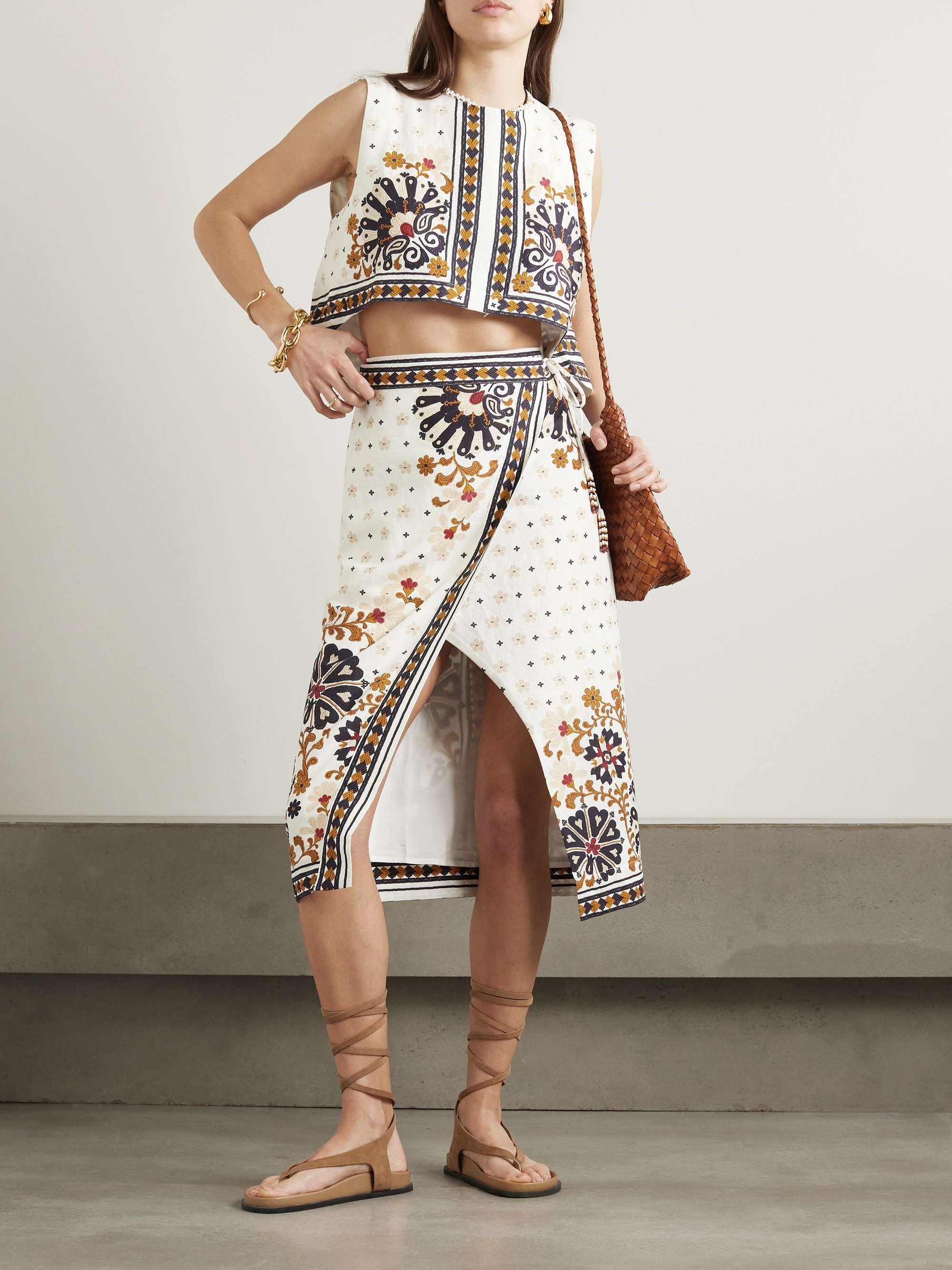 FARM RIO Flower Fan Tapestry printed linen-blend wrap skirt | NET-A-PORTER