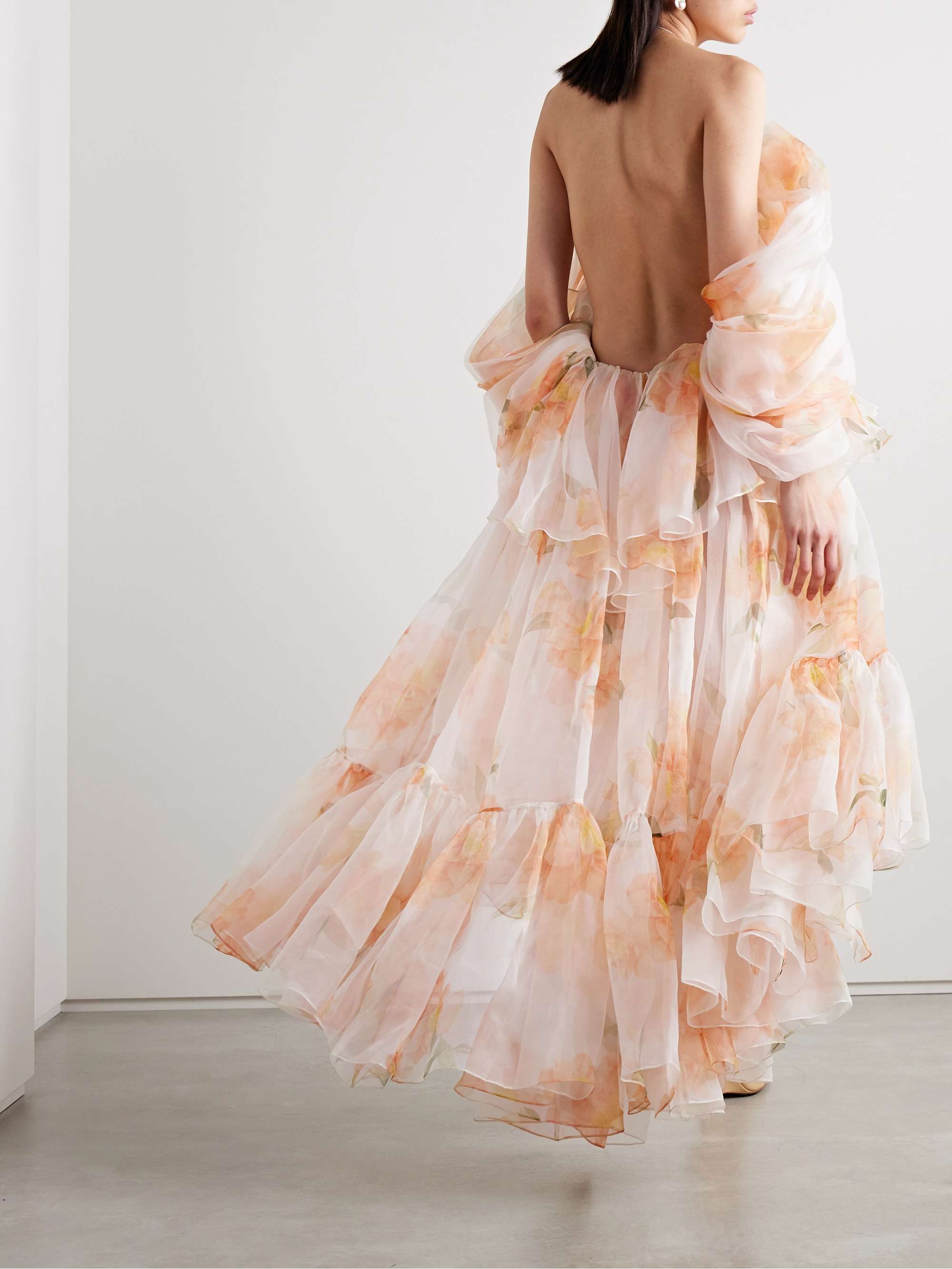 Zimmermann Natura Tiered Floral Print Silk Organza Halterneck Midi