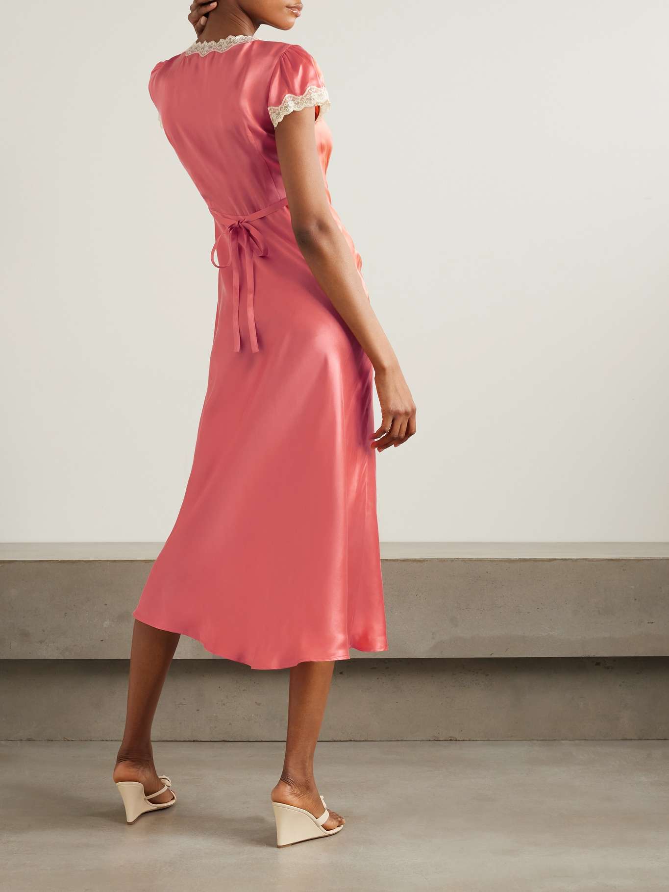 RIXO Clarice lace-trimmed appliquéd silk-satin midi dress | NET-A-PORTER