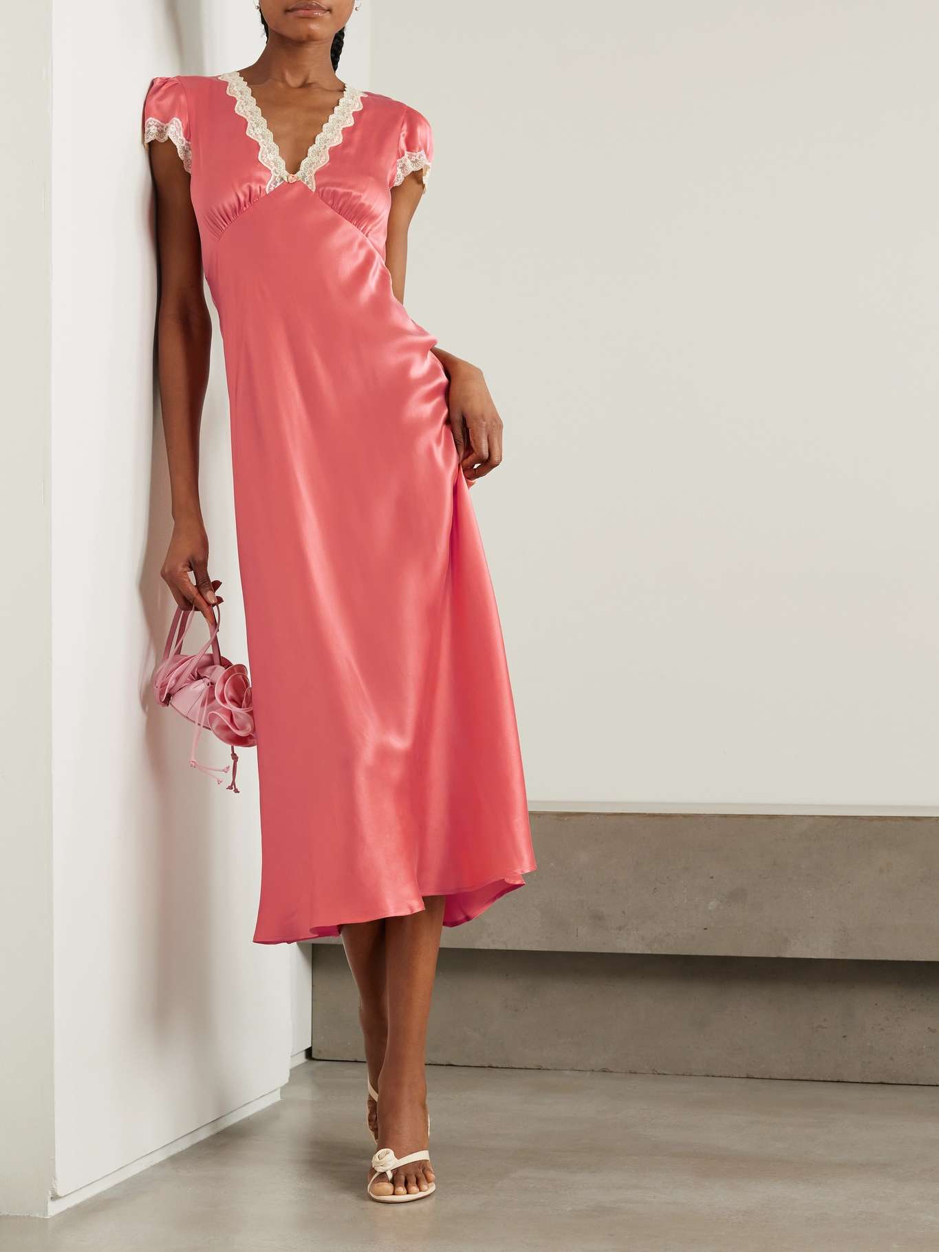 RIXO Clarice lace-trimmed appliquéd silk-satin midi dress | NET-A-PORTER