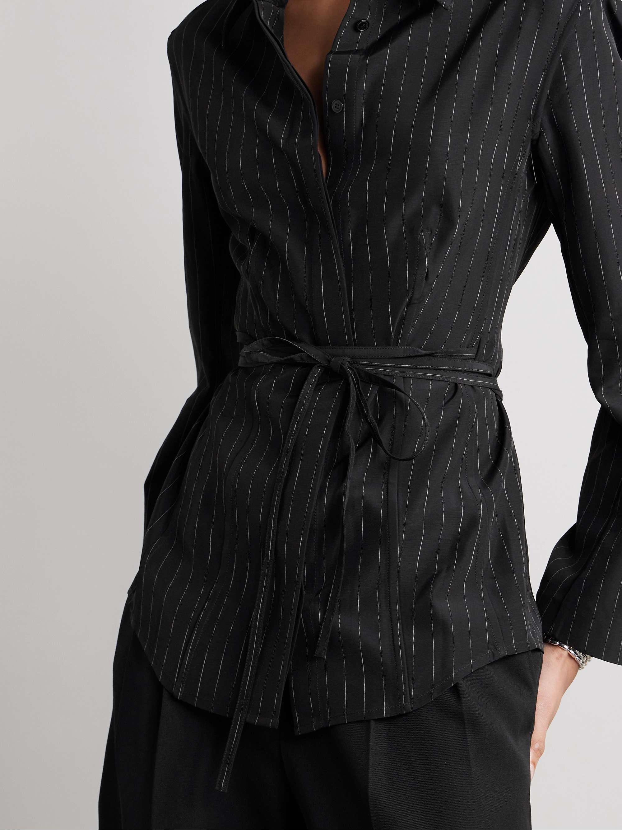Black Belted cutout pinstriped woven shirt | ALEXANDER WANG | NET-A-PORTER
