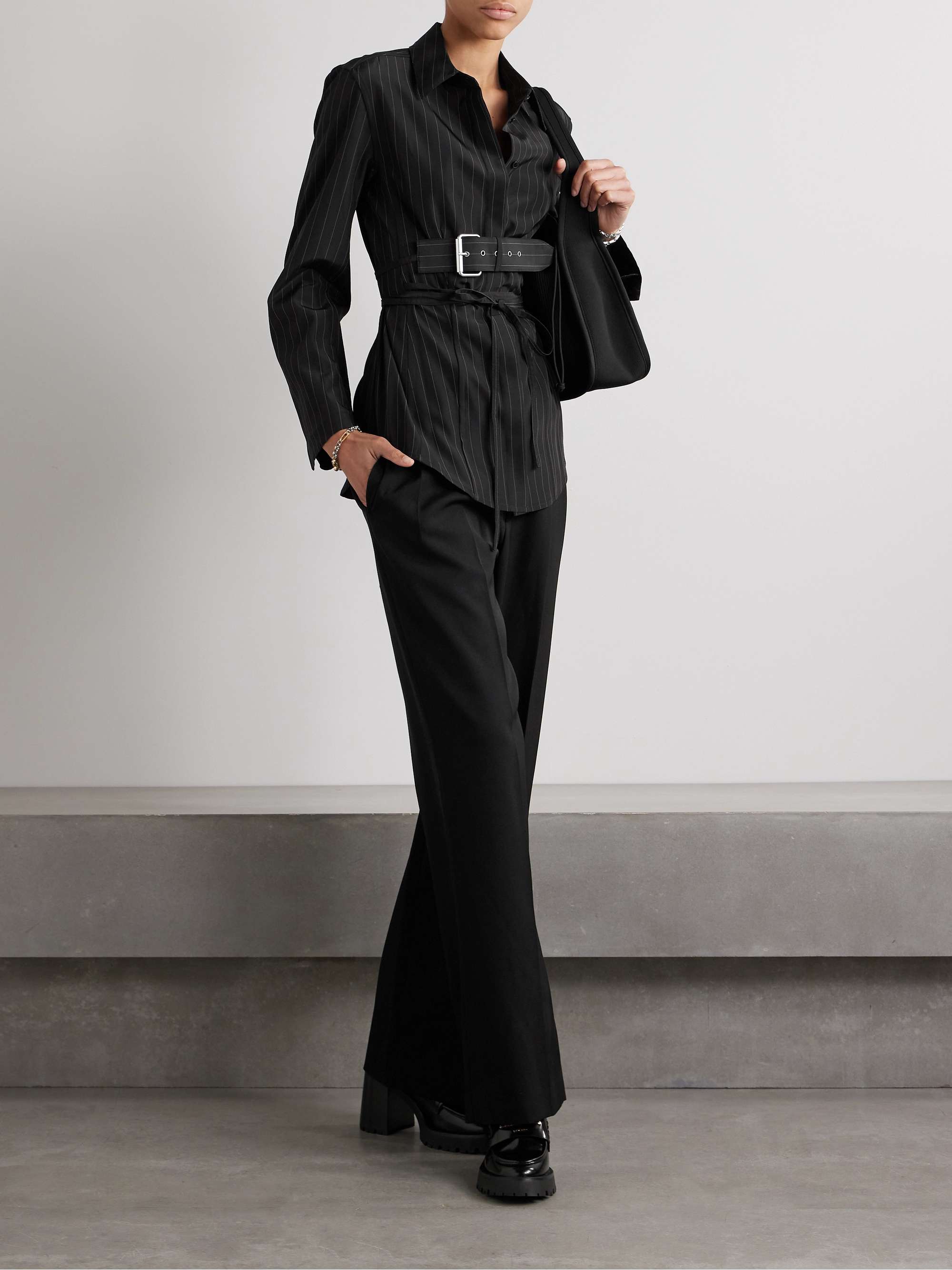 Black Belted cutout pinstriped woven shirt | ALEXANDER WANG | NET-A-PORTER