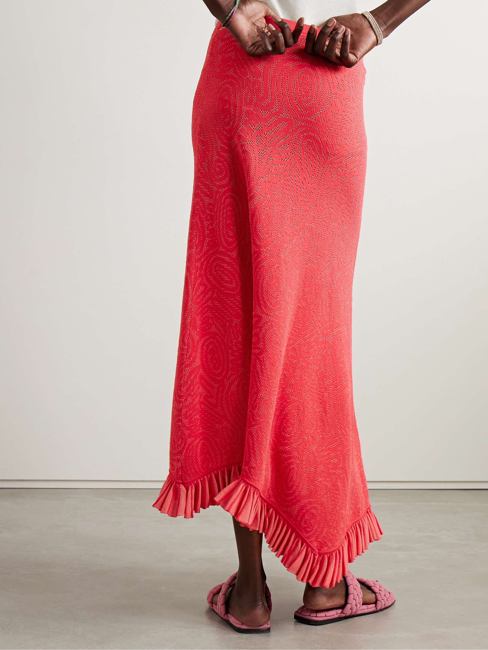 ULLA JOHNSON Josephine asymmetric ruffled two-tone pointelle-knit midi ...