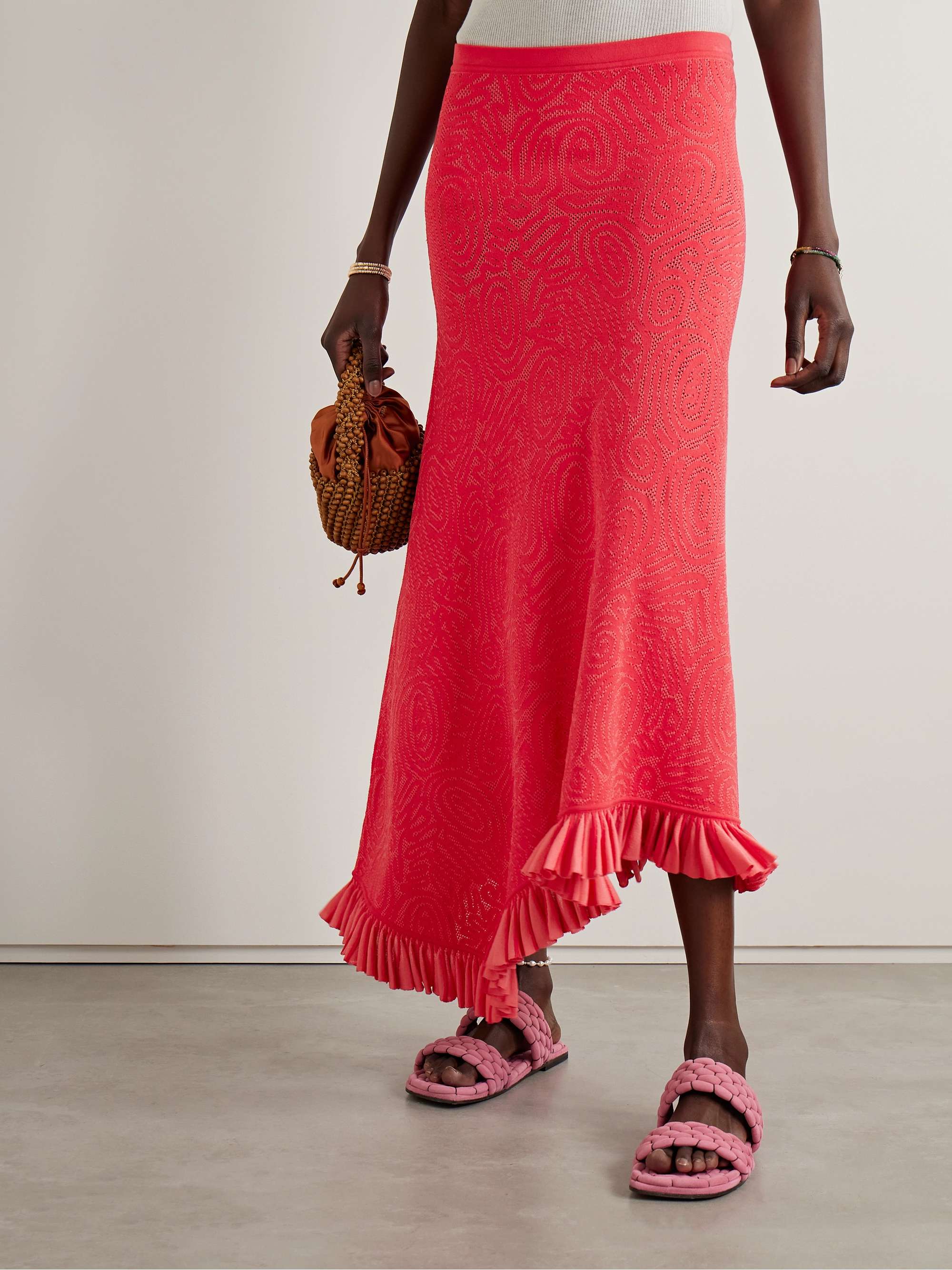 ULLA JOHNSON Josephine asymmetric ruffled two-tone pointelle-knit midi ...