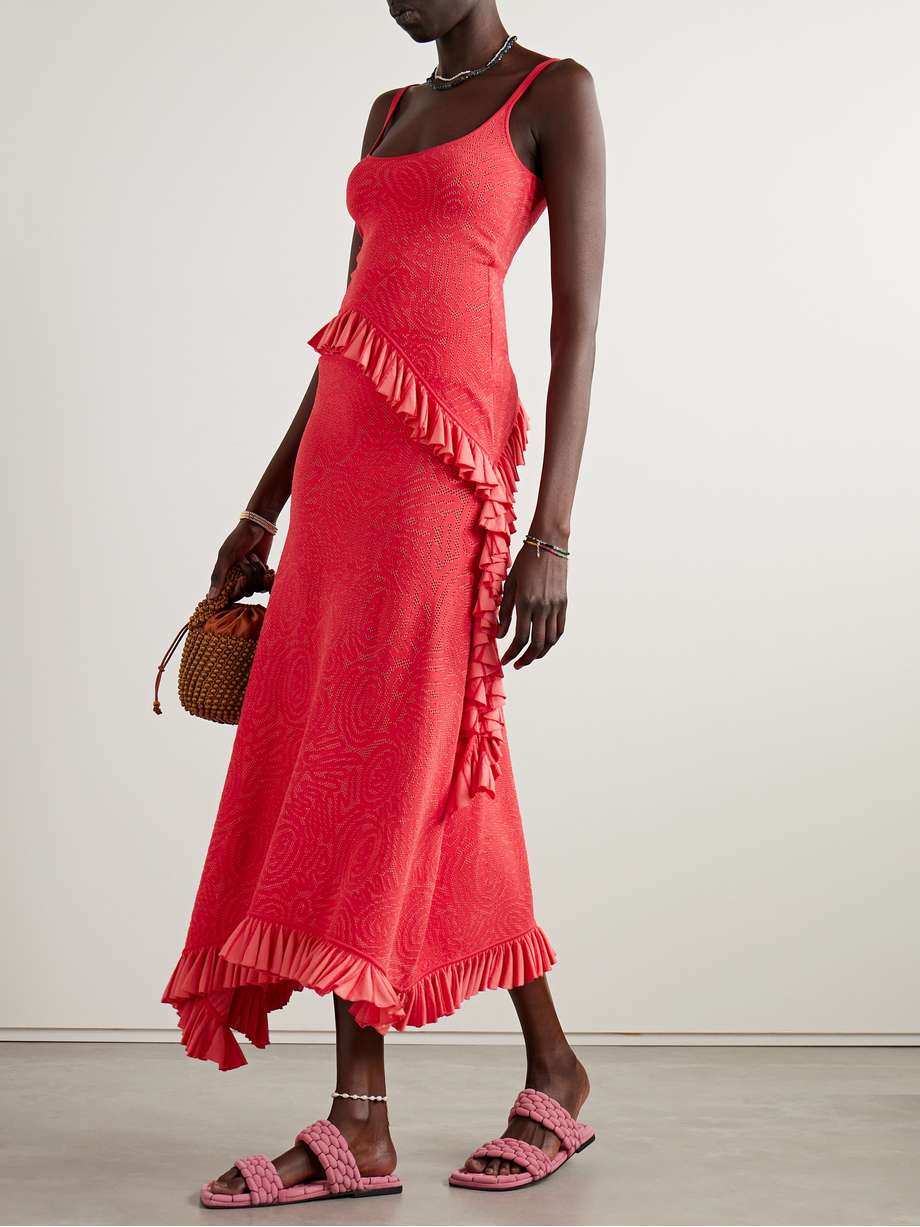 ULLA JOHNSON Kendra asymmetric ruffled two-tone pointelle-knit tank | NET-A-PORTER