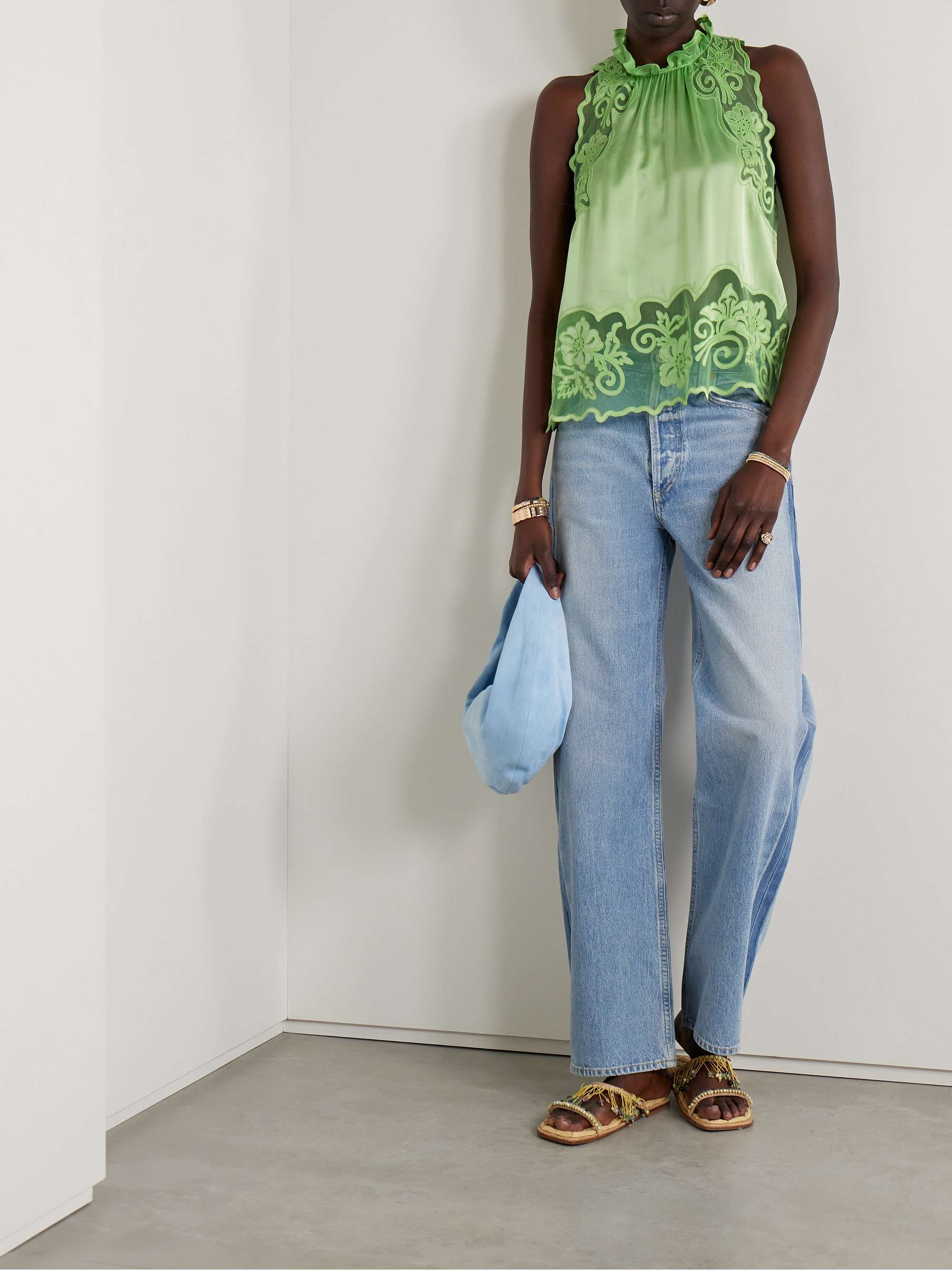 ULLA JOHNSON Elowen tulle-trimmed appliquéd silk-satin top | NET-A-PORTER